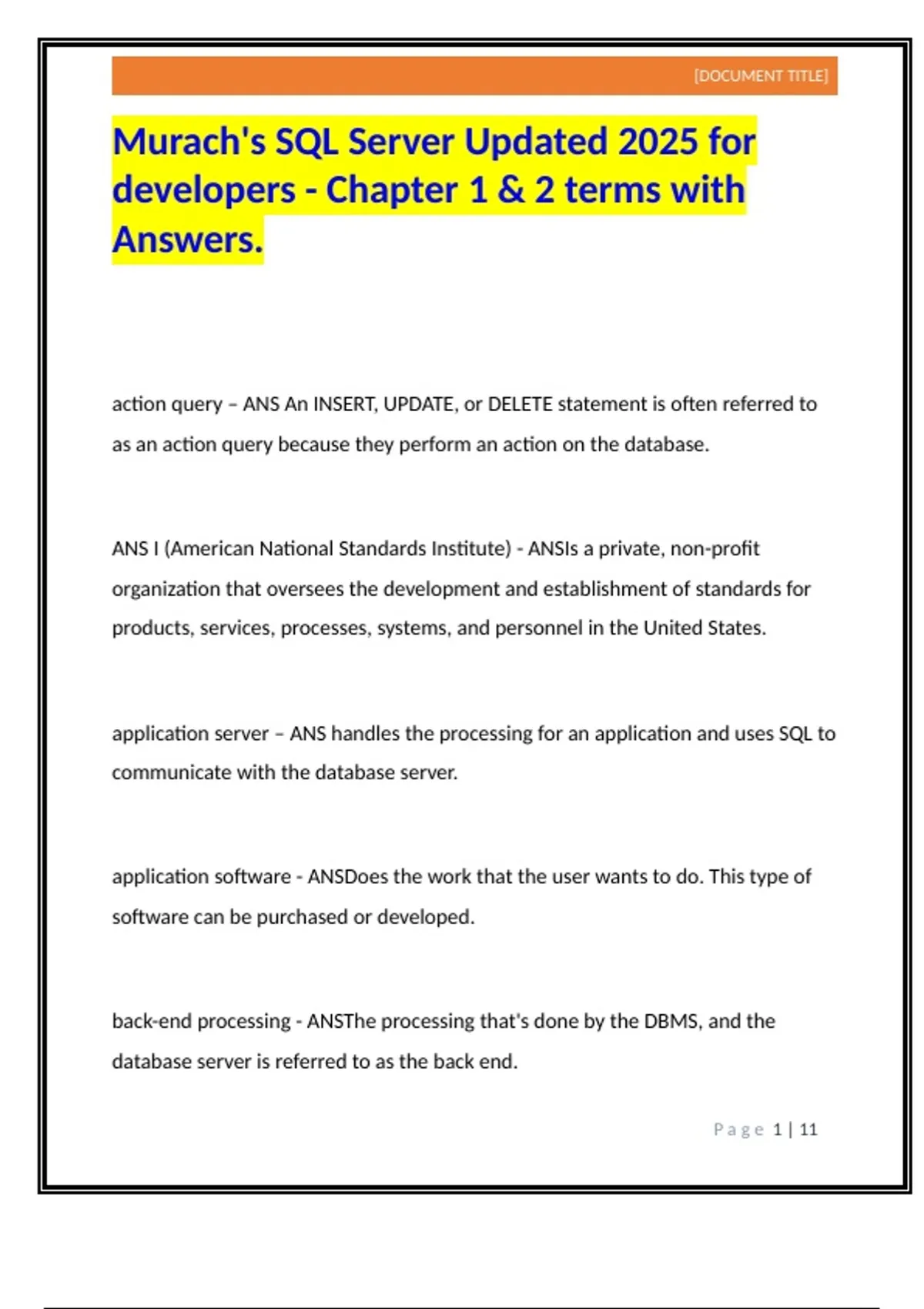 Murach's SQL Server Updated 2025 for developers - Chapter 1 & 2 terms with Answers. - Murach ...