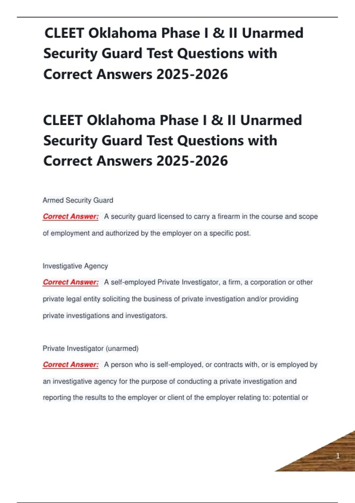 CLEET Oklahoma Phase I & II Unarmed Security Guard Test Questions with ...