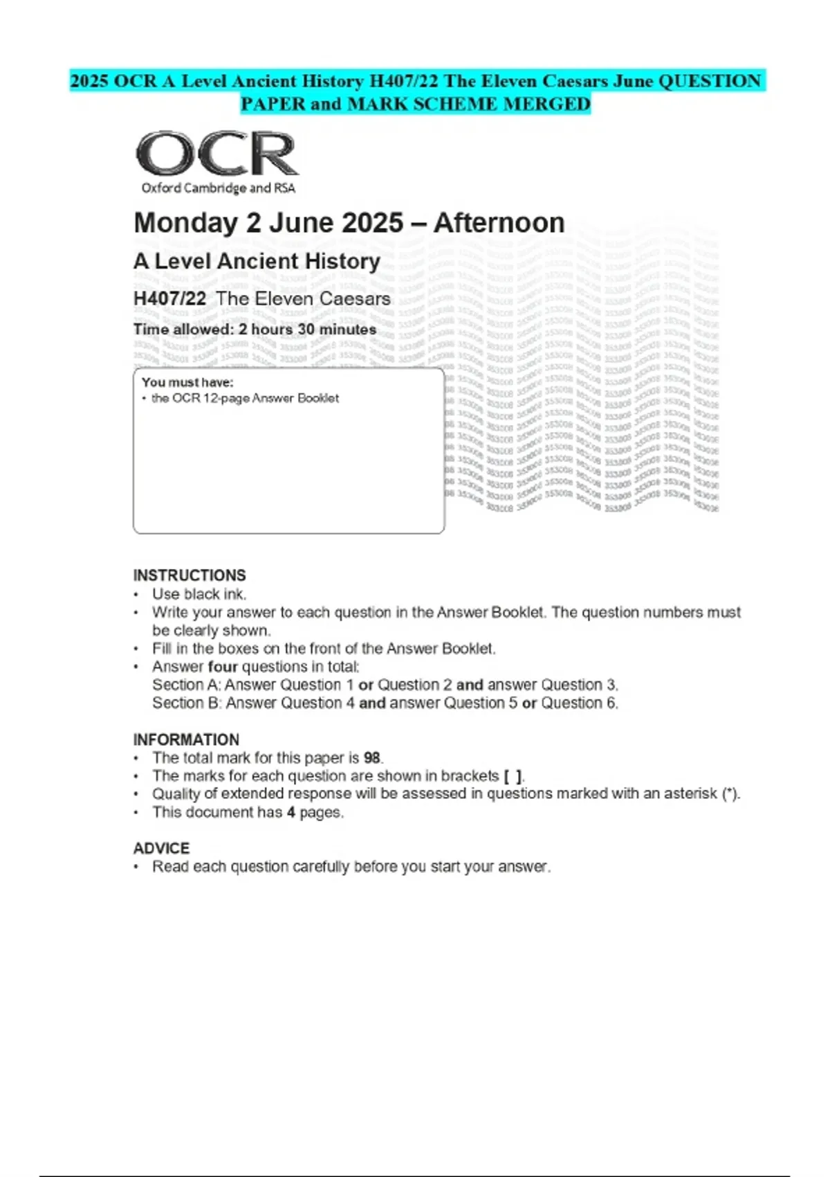 2025 OCR A Level Ancient History H407/22 The Eleven Caesars June ...