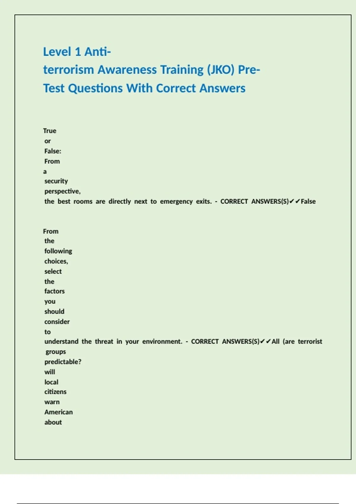Level 1 Anti-terrorism Awareness Training (JKO) Pre-Test Questions With ...