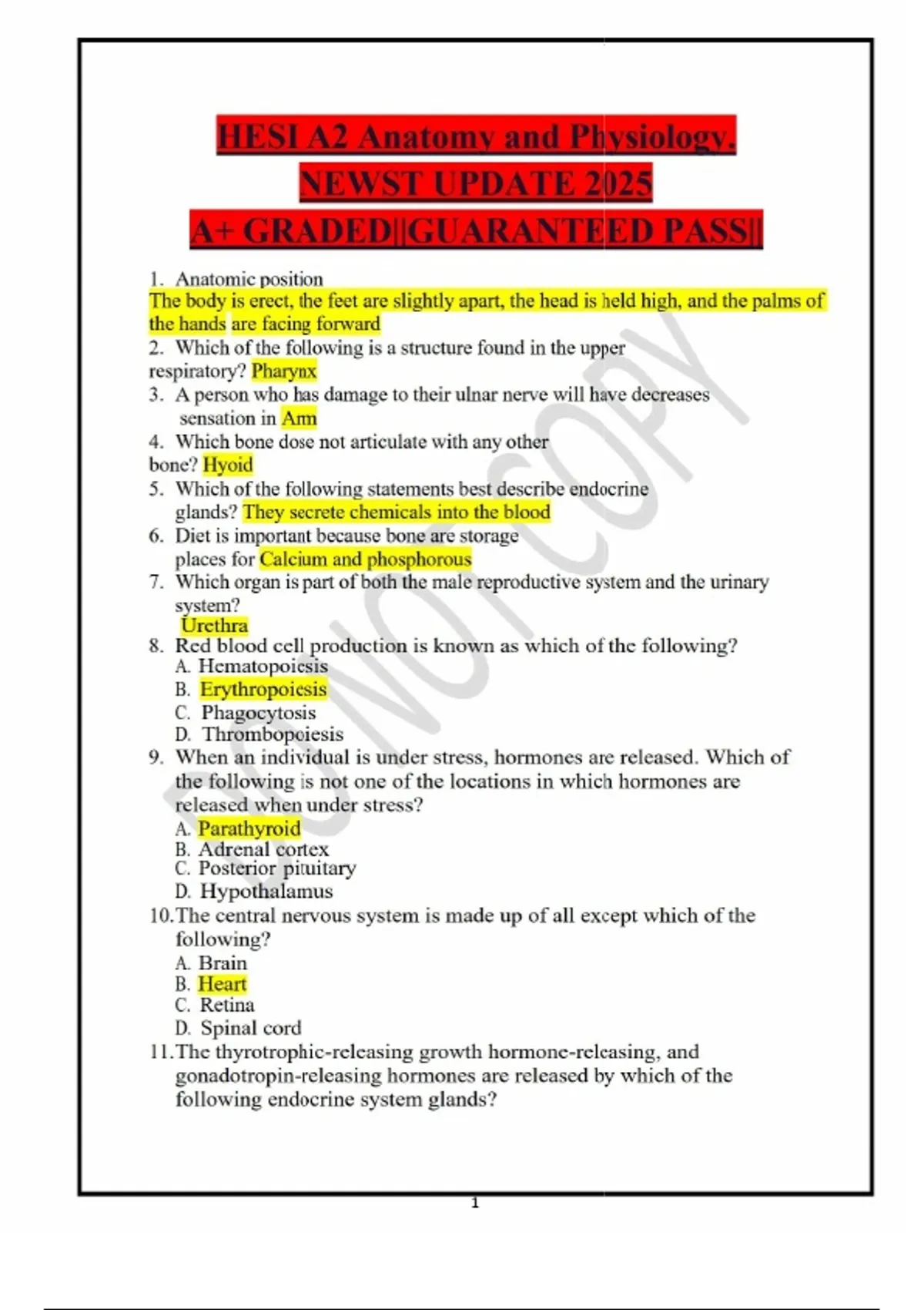 HESI A2 Anatomy & Physiology 2025 – Complete Practice Questions with ...