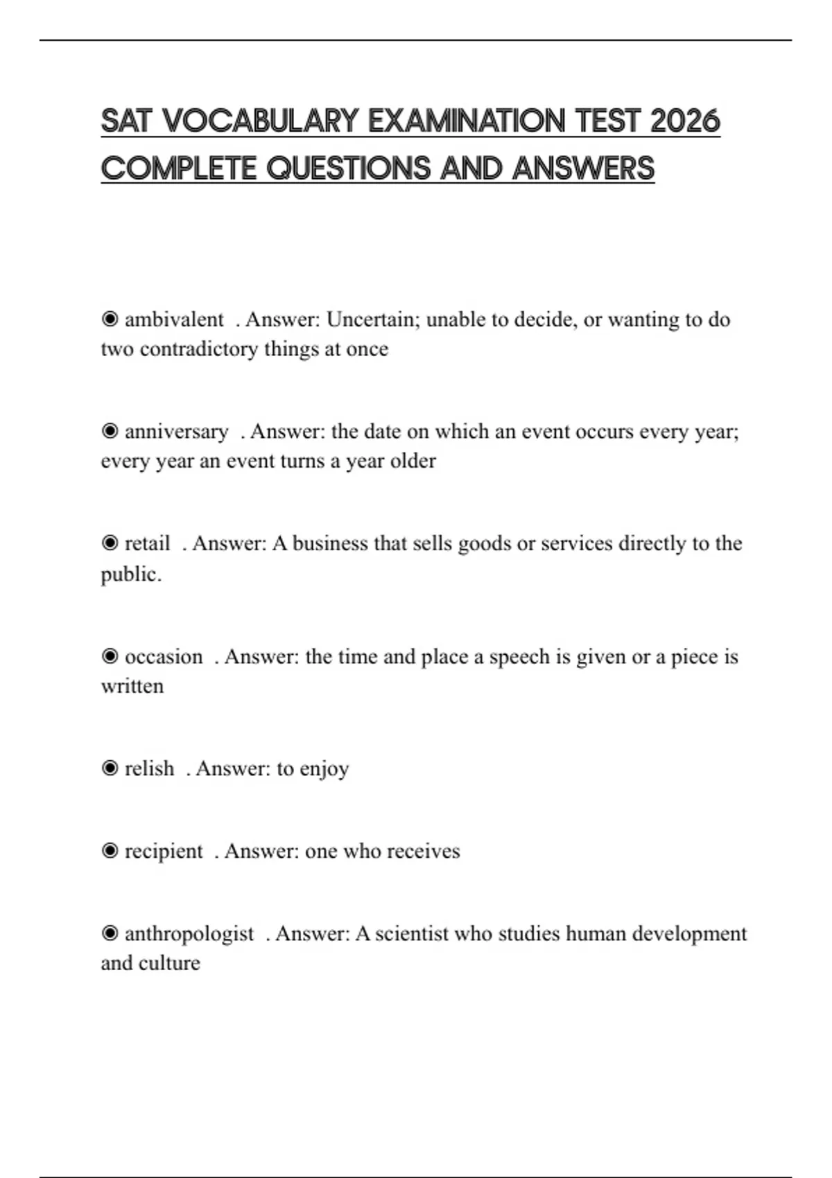 SAT VOCABULARY EXAMINATION TEST 2026 COMPLETE QUESTIONS AND ANSWERS ...
