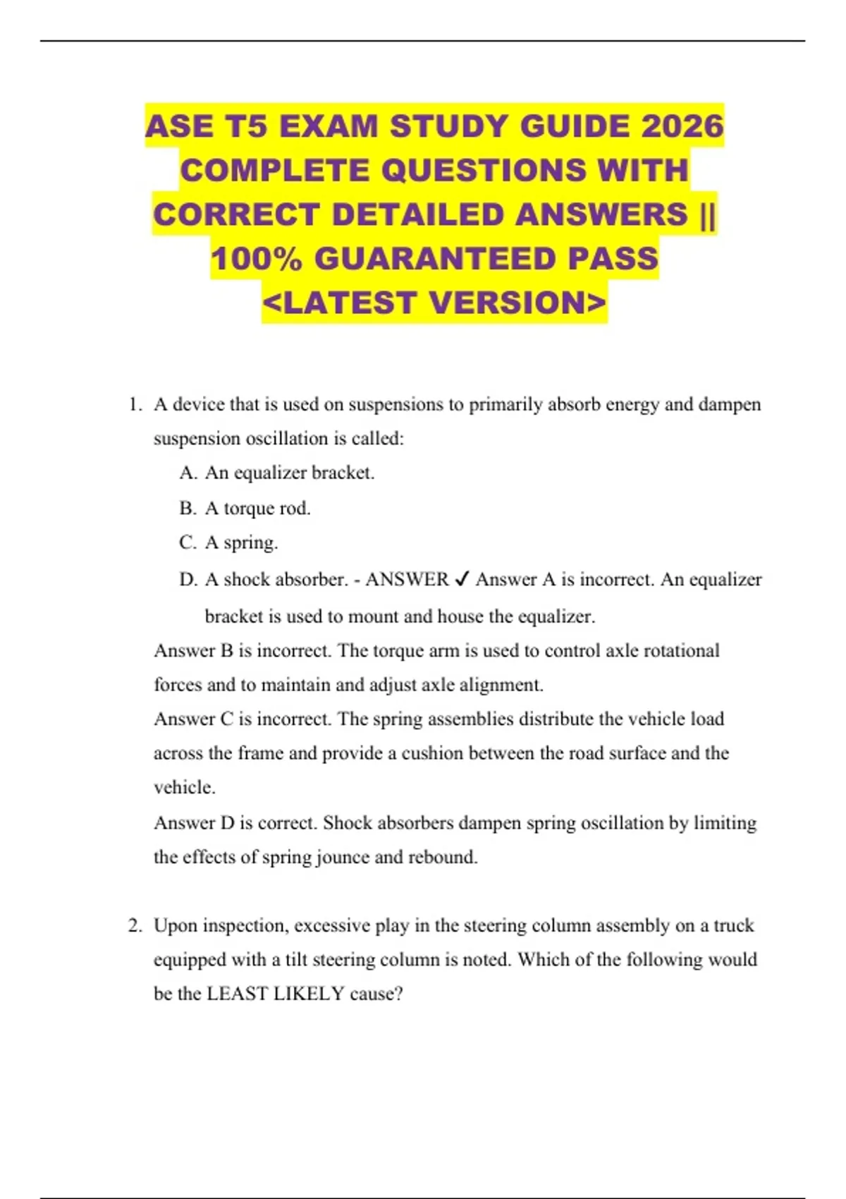 ASE T5 EXAM STUDY GUIDE 2026 COMPLETE QUESTIONS WITH CORRECT DETAILED ANSWERS || 100% GUARANTEED ...