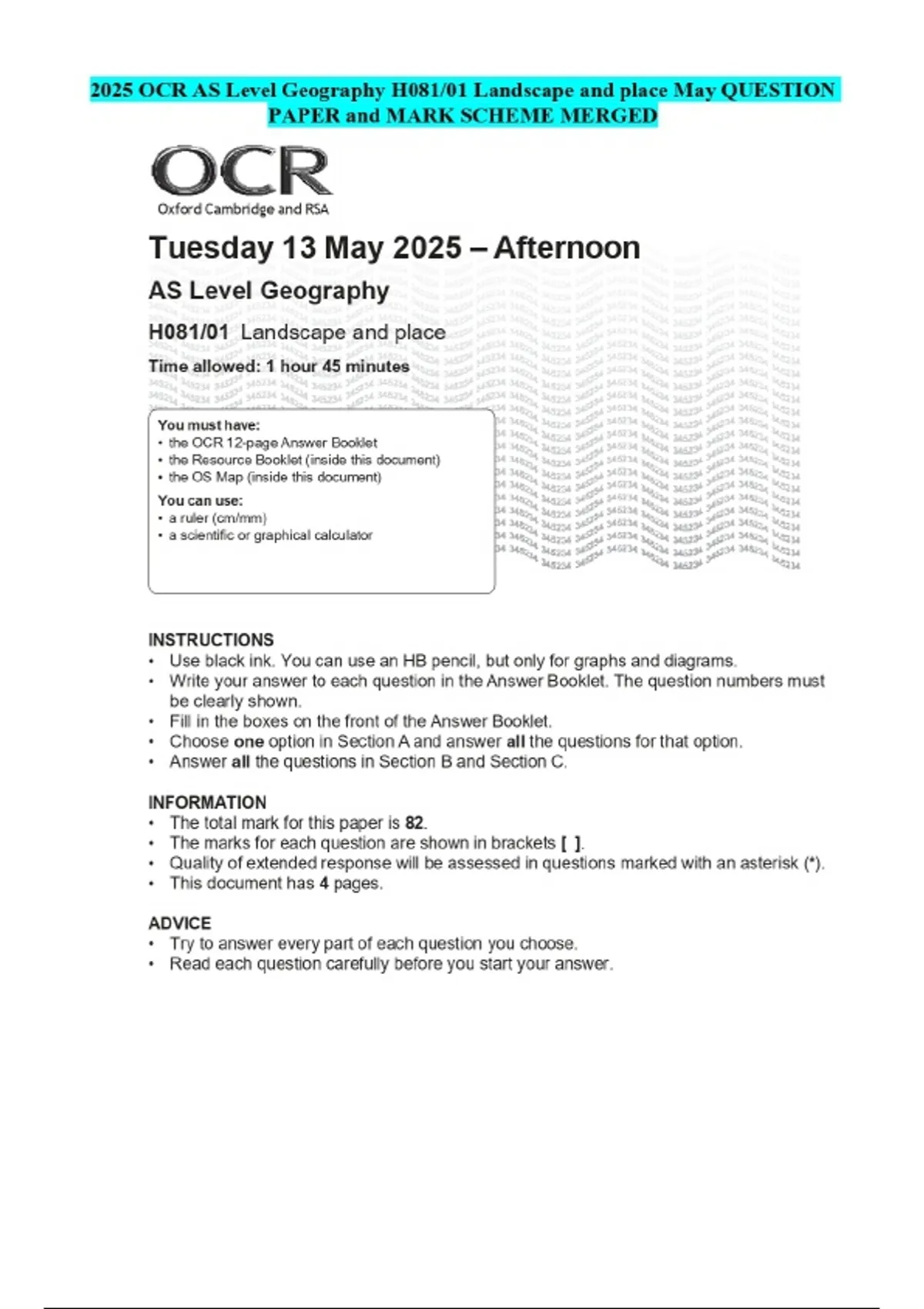 2025 OCR AS Level Geography H081/01 Landscape and place May QUESTION ...