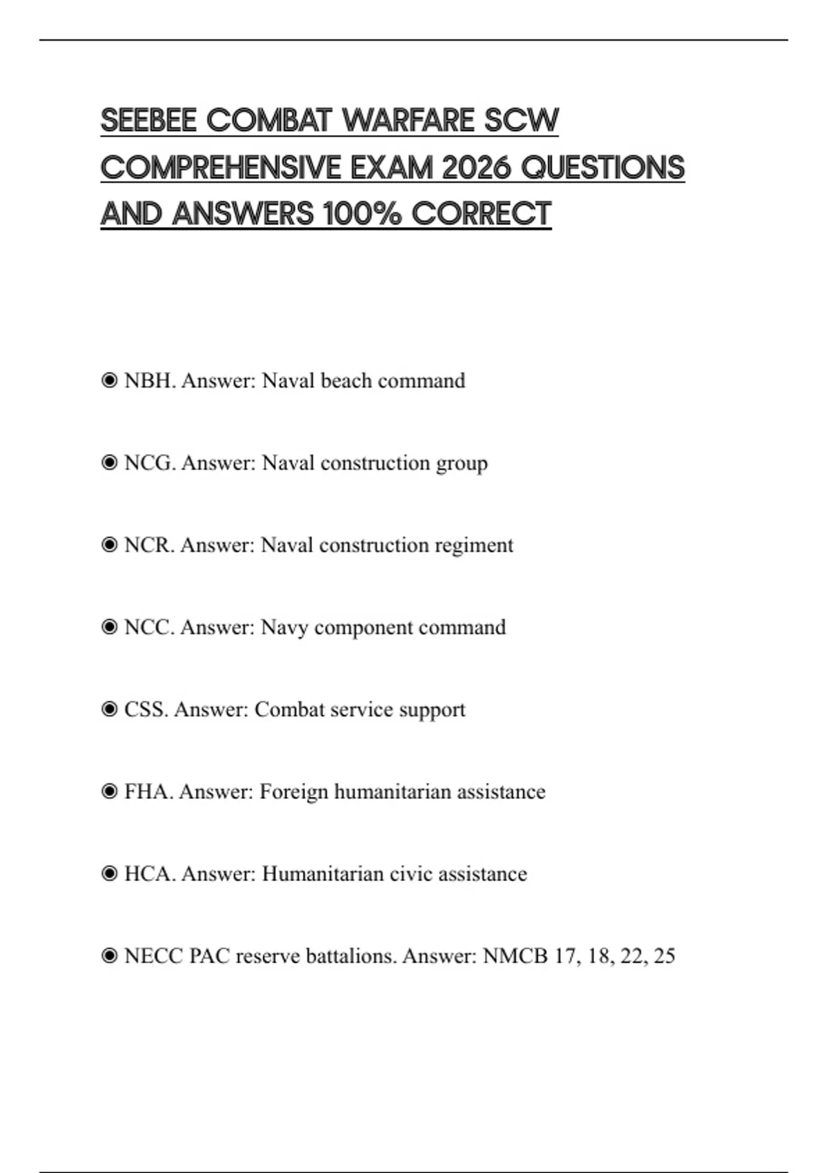 SEEBEE COMBAT WARFARE SCW COMPREHENSIVE EXAM 2026 QUESTIONS AND ANSWERS ...