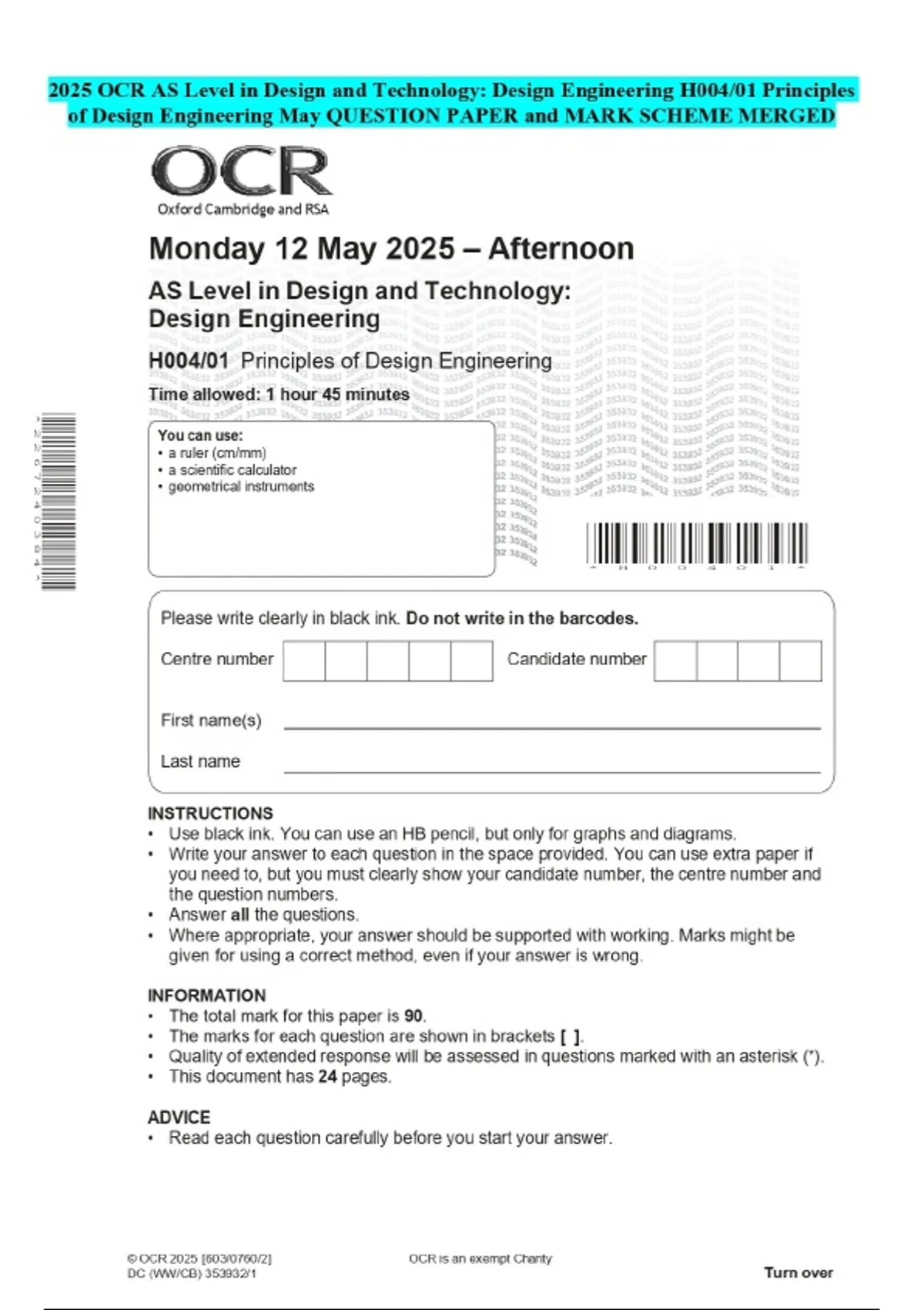 2025 OCR AS Level in Design and Technology: Design Engineering H004/01 ...