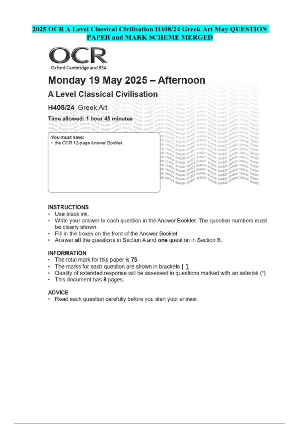 2025 OCR A Level Classical Civilisation H408/24 Greek Art May QUESTION ...