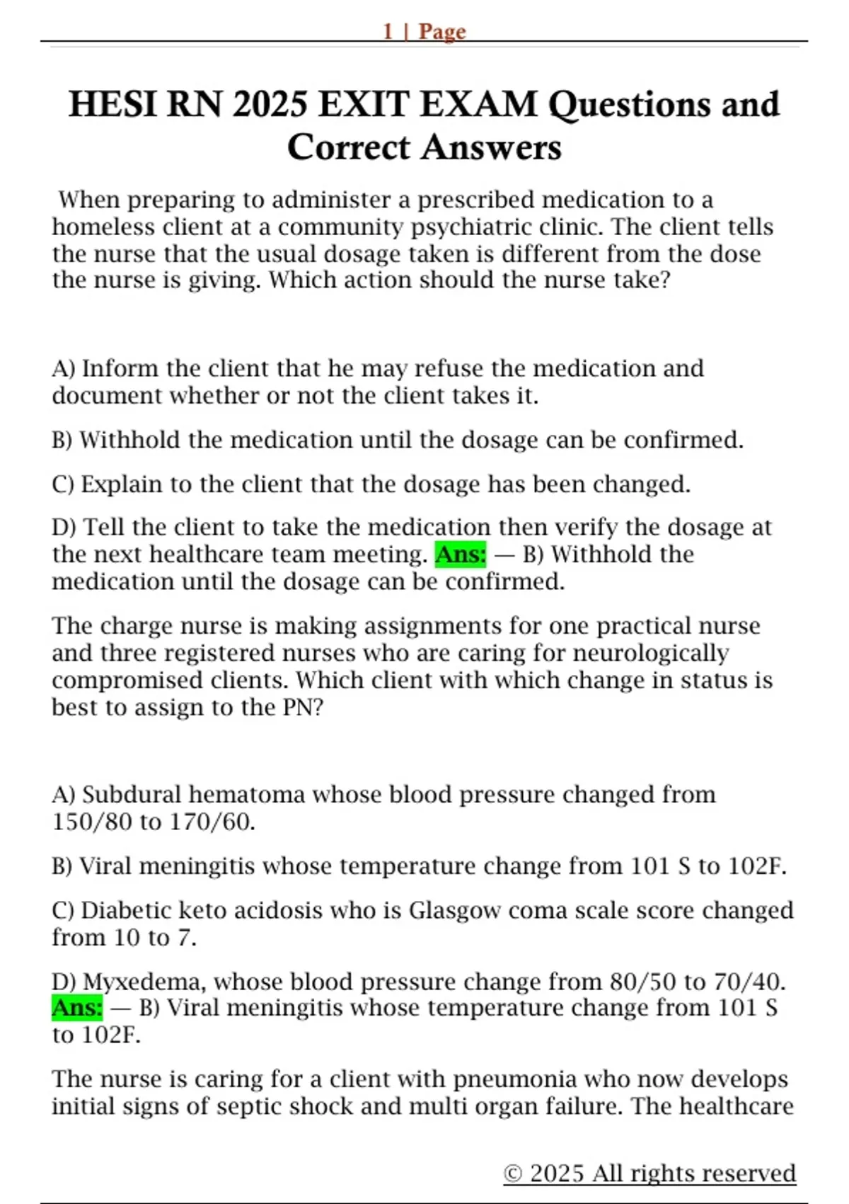 HESI RN 2025 EXIT EXAM Questions and Correct Answer - HESI - Stuvia US