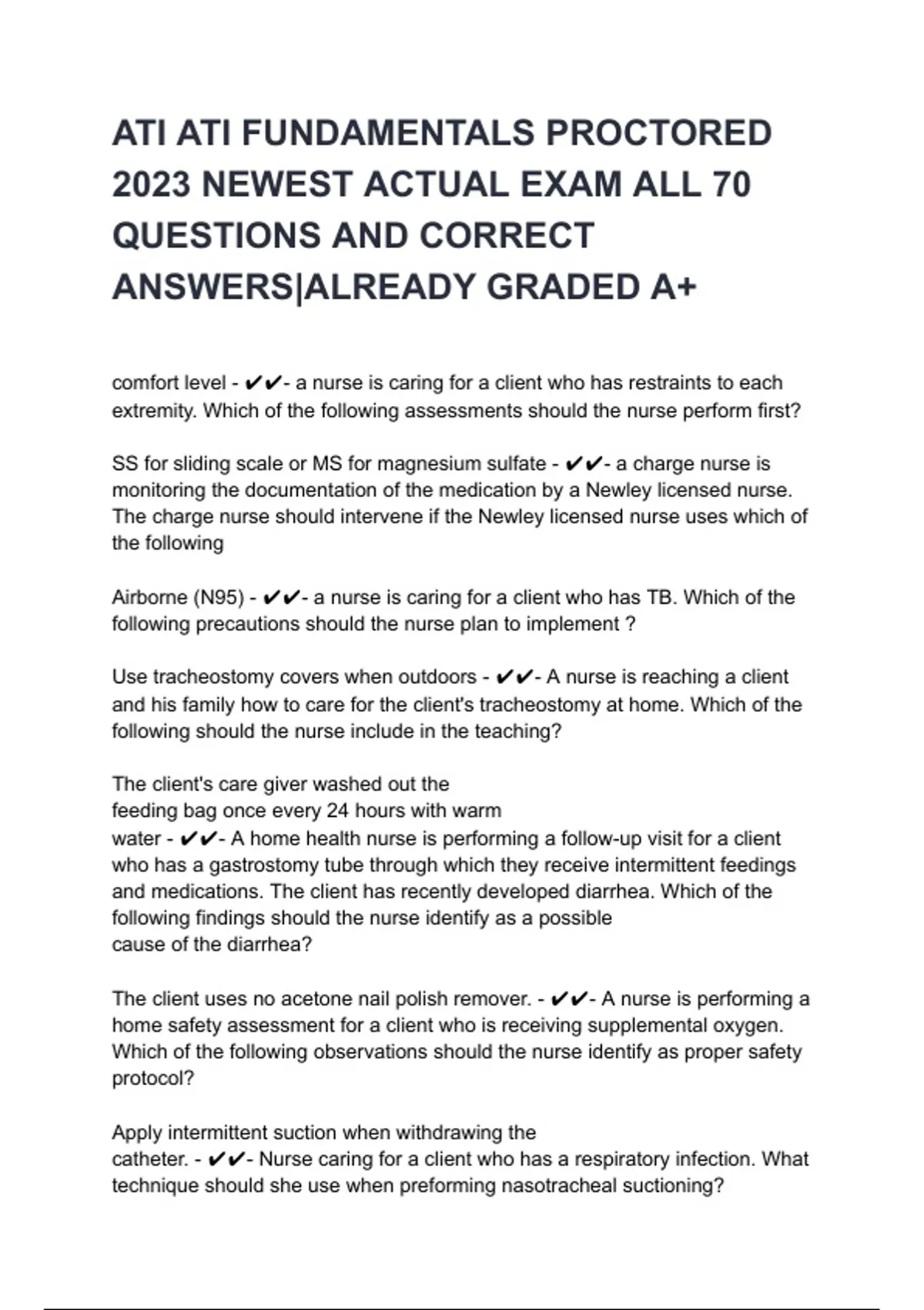 ATI Fundamentals Proctored Exam – 70 Questions with Verified Answers ...
