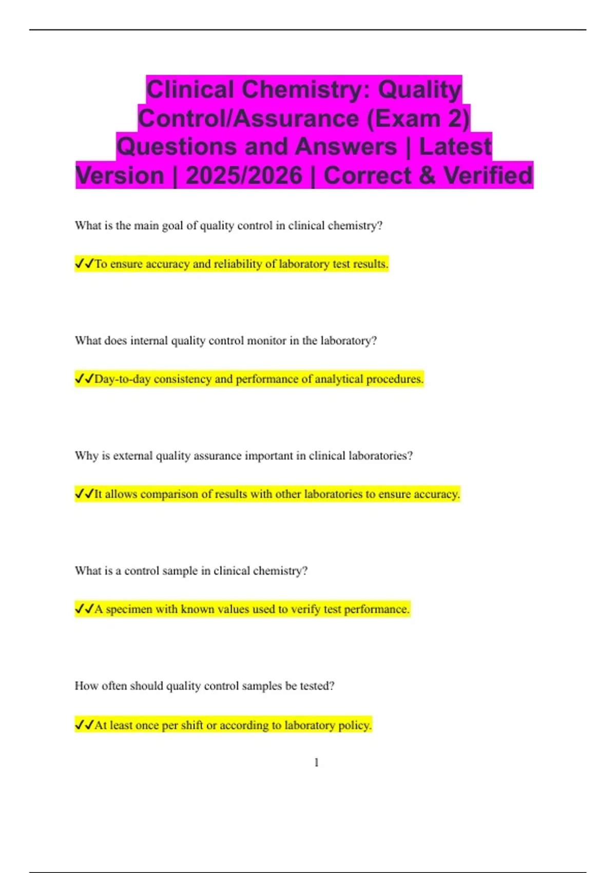 Clinical Chemistry: Quality Control/Assurance (Exam 2) Questions and ...