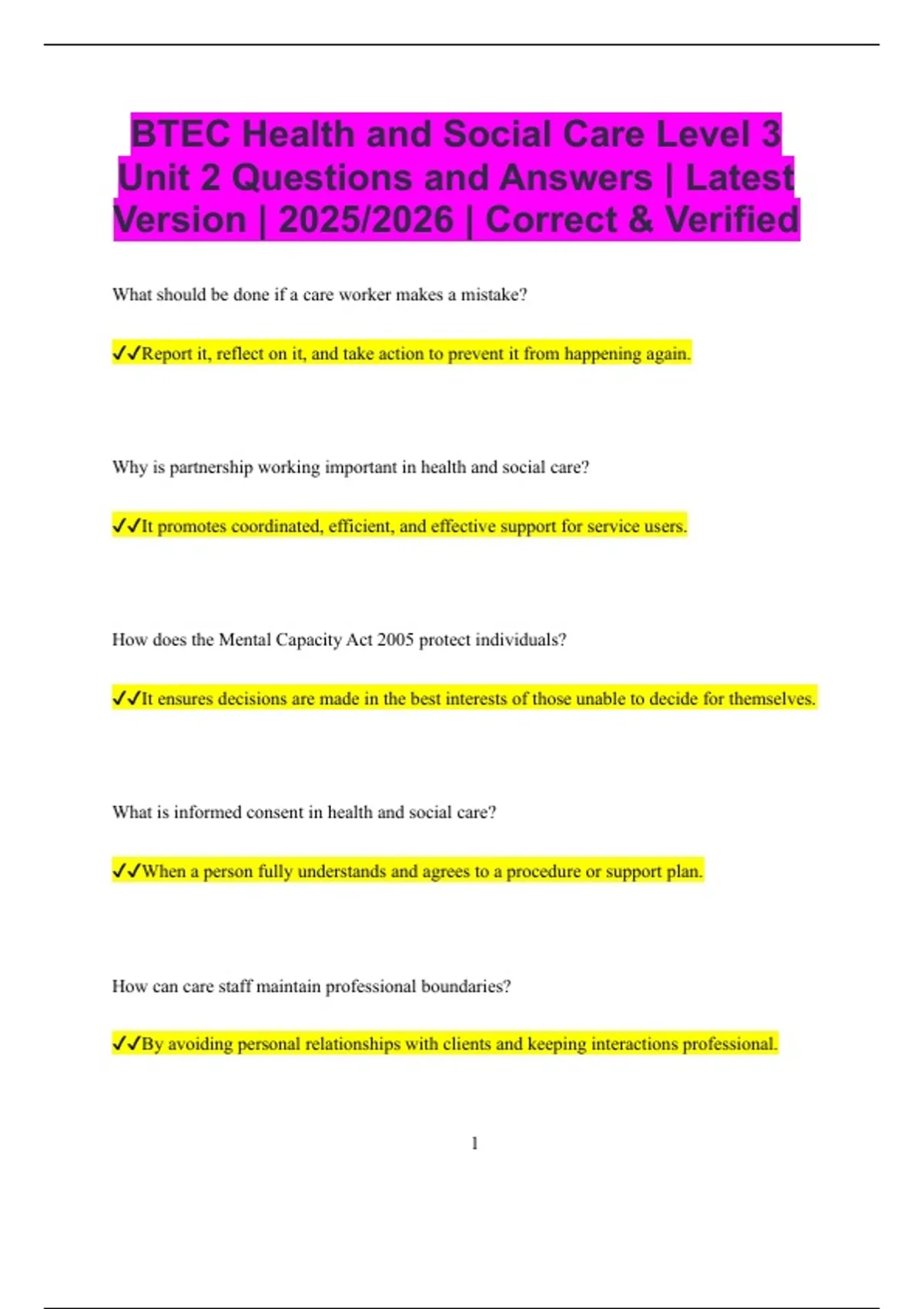 BTEC Health and Social Care Level 3 Unit 2 Questions and Answers ...