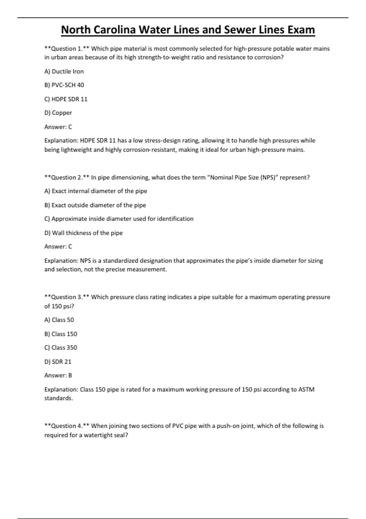 North Carolina Water Lines and Sewer Lines Exam - Computer - Stuvia US