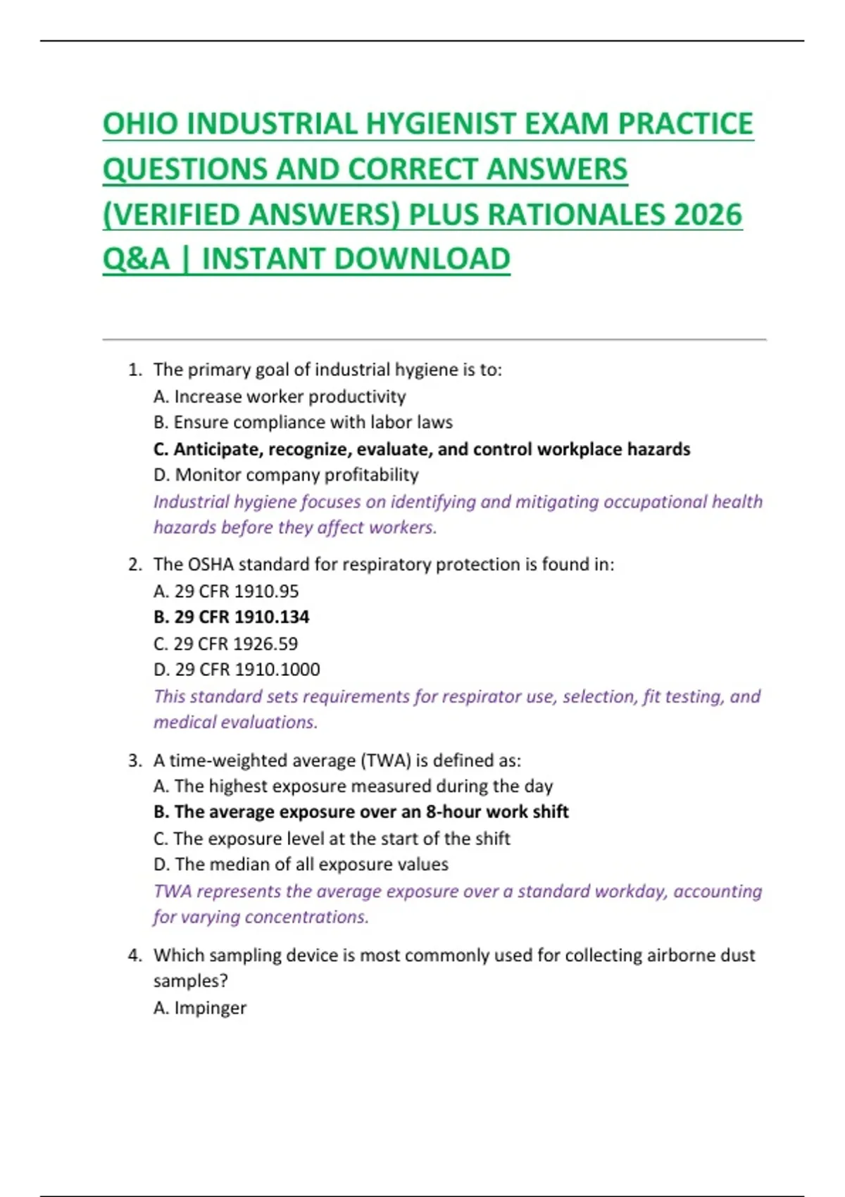 OHIO INDUSTRIAL HYGIENIST EXAM PRACTICE QUESTIONS AND CORRECT ANSWERS ...