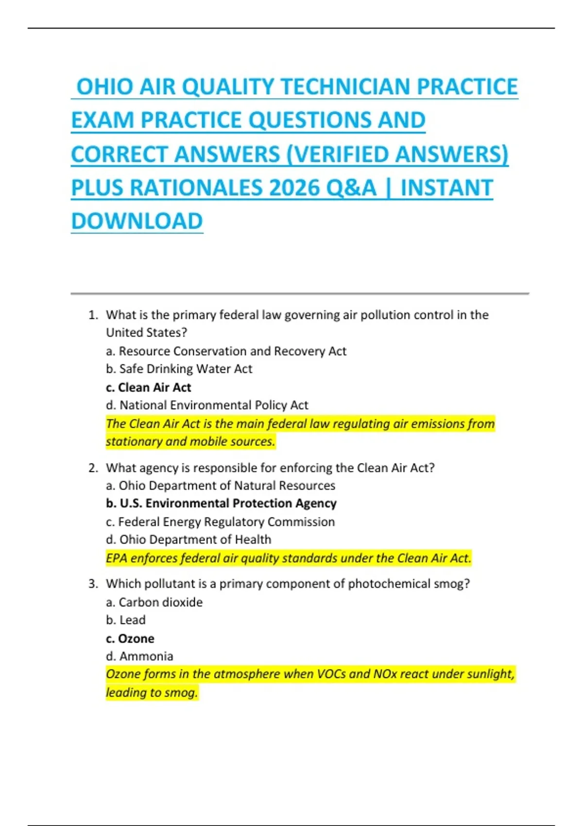 OHIO AIR QUALITY TECHNICIAN PRACTICE EXAM PRACTICE QUESTIONS AND ...
