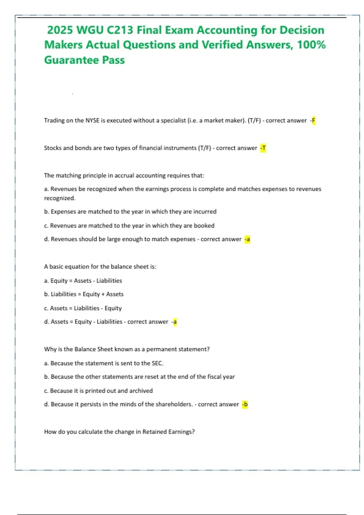 2025 WGU C213 Final Exam | Accounting for Decision Makers | Real ...