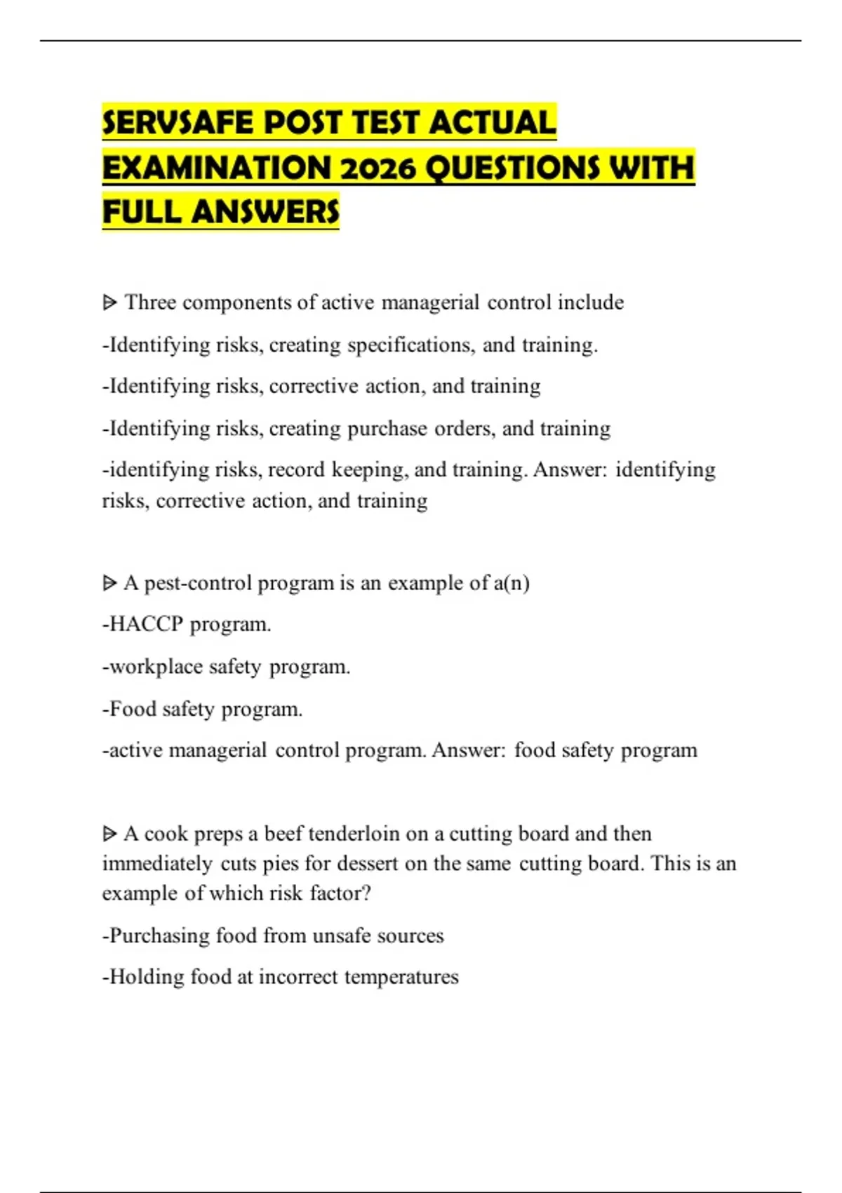 SERVSAFE POST TEST ACTUAL EXAMINATION 2026 QUESTIONS WITH FULL ANSWERS ...