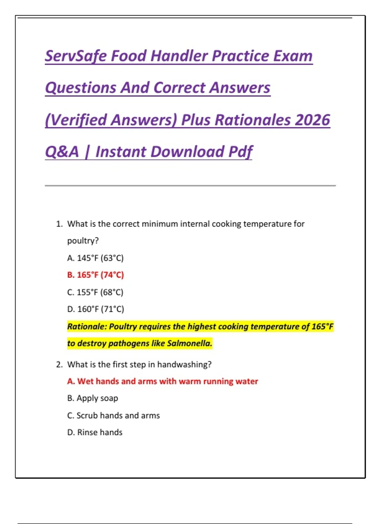 ServSafe Food Handler Practice Exam Questions And Correct Answers ...
