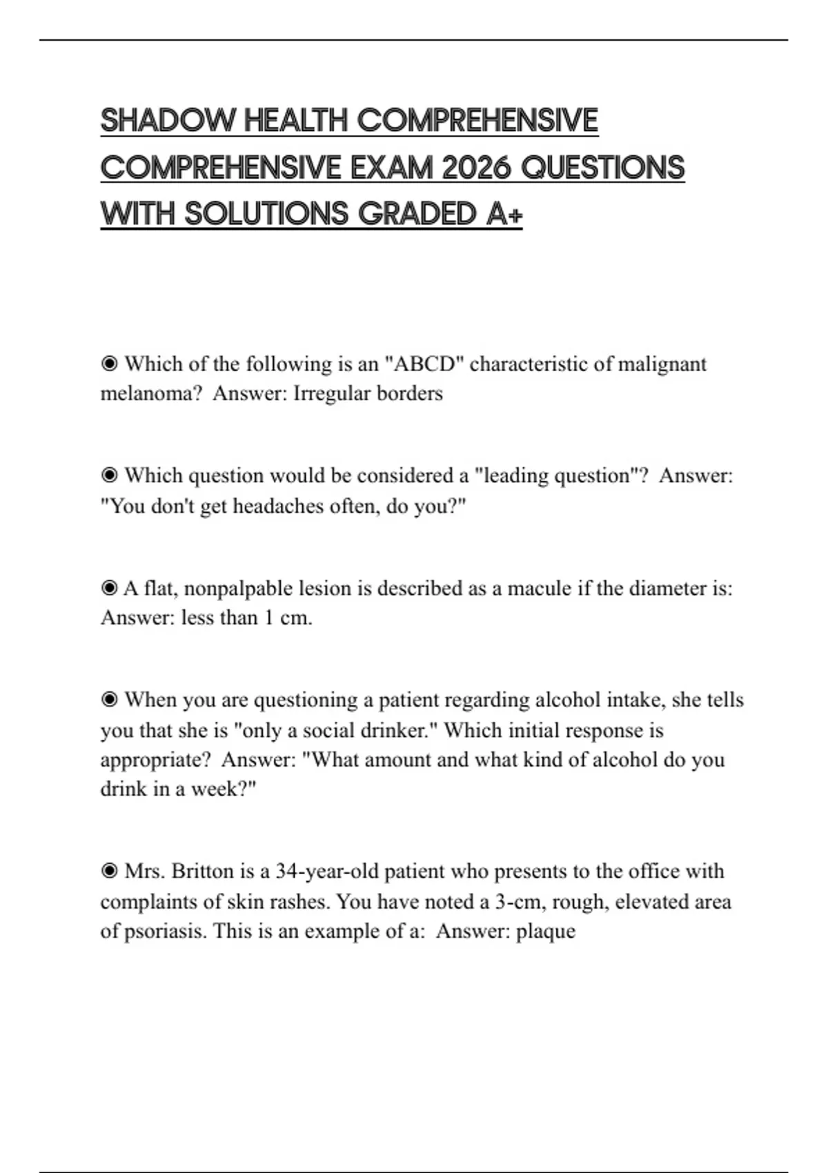 SHADOW HEALTH COMPREHENSIVE COMPREHENSIVE EXAM 2026 QUESTIONS WITH ...