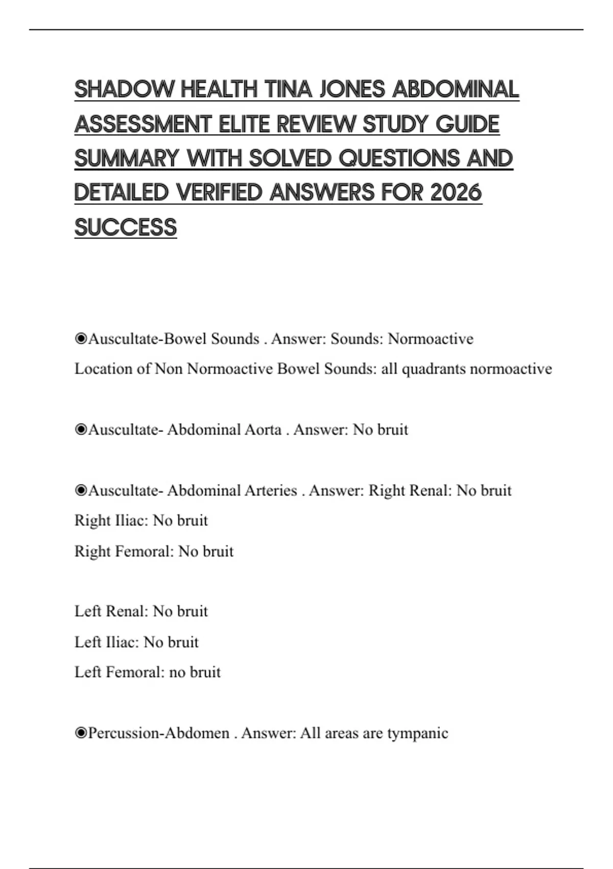 SHADOW HEALTH TINA JONES ABDOMINAL ASSESSMENT ELITE REVIEW STUDY GUIDE ...