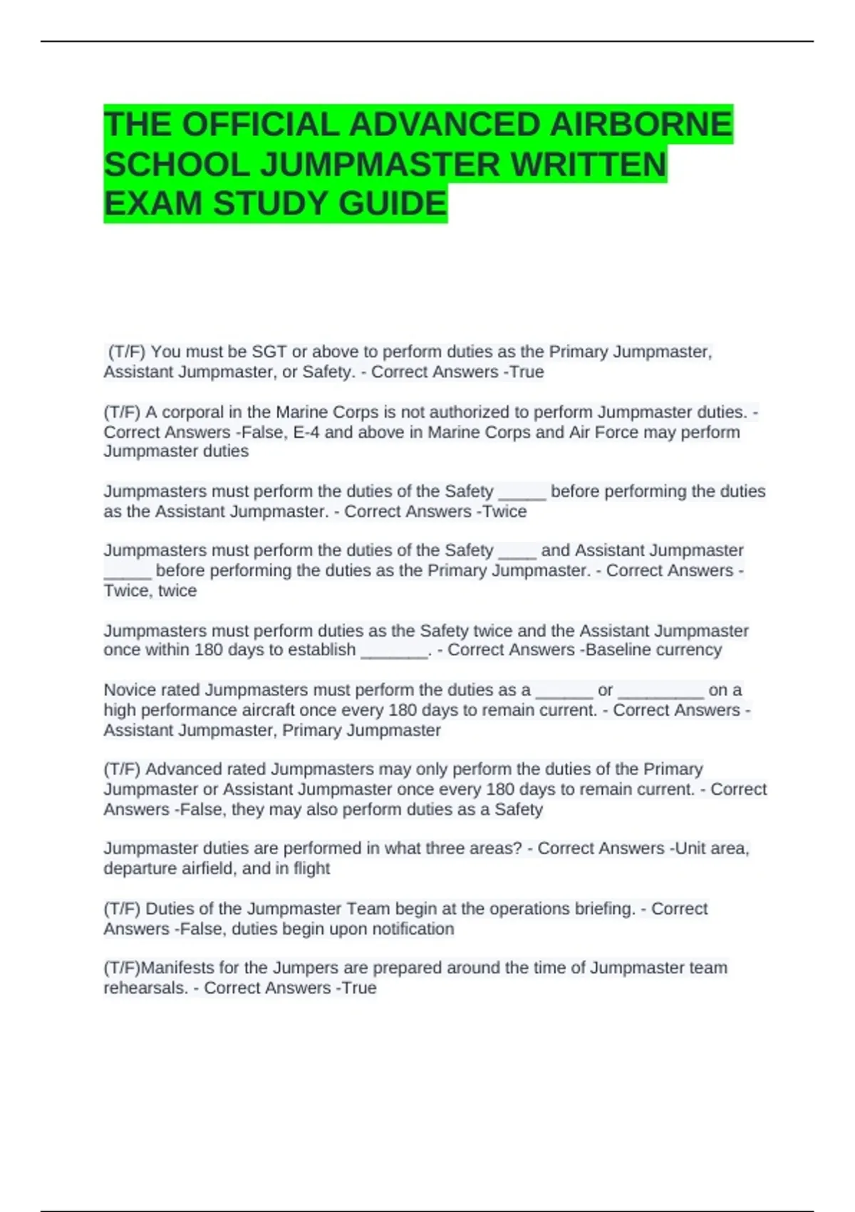 THE OFFICIAL ADVANCED AIRBORNE SCHOOL JUMPMASTER WRITTEN EXAM STUDY ...