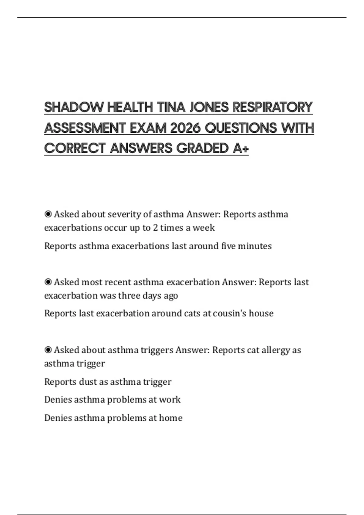 SHADOW HEALTH TINA JONES RESPIRATORY ASSESSMENT EXAM 2026 QUESTIONS WITH CORRECT ANSWERS GRADED ...