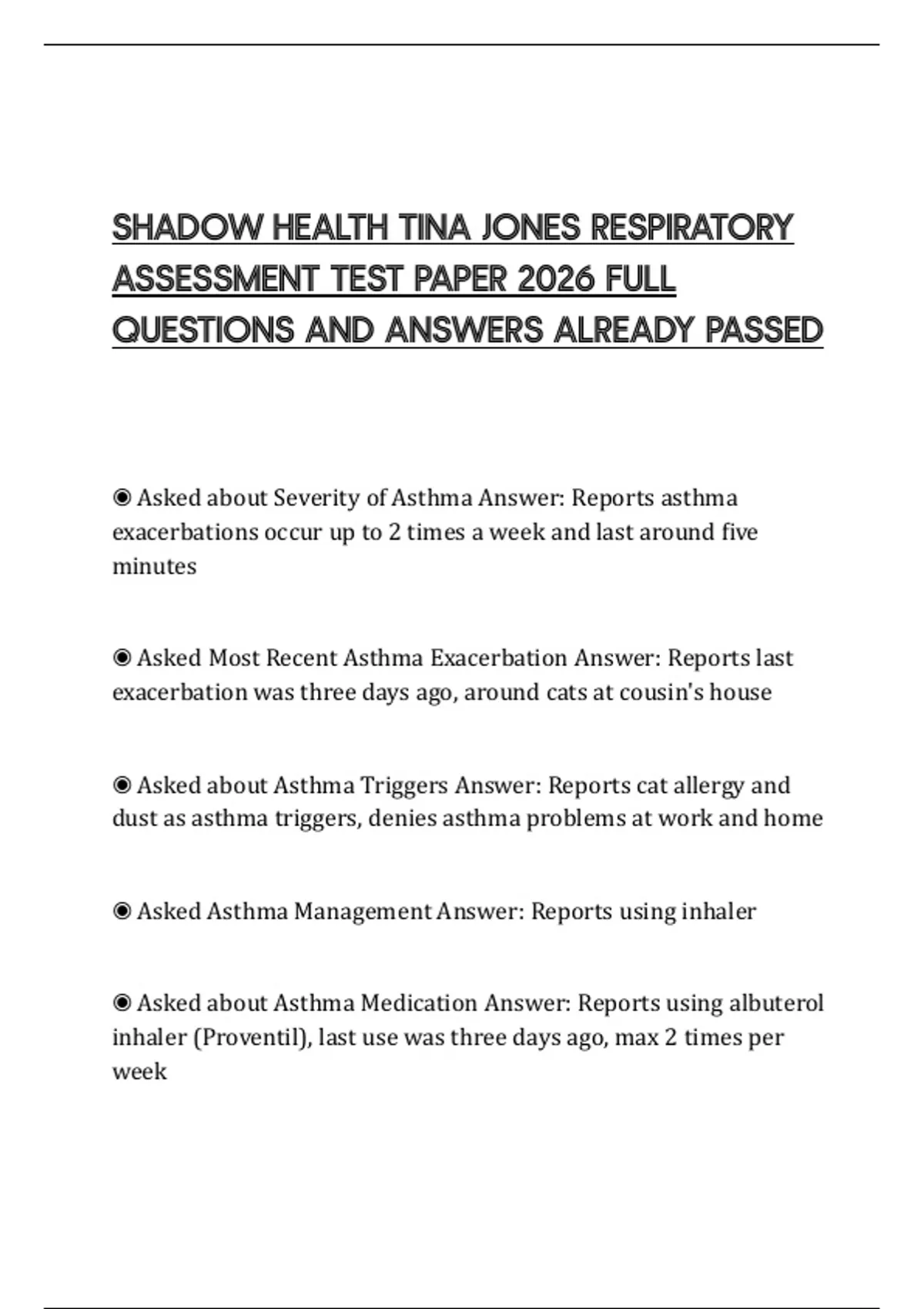 SHADOW HEALTH TINA JONES RESPIRATORY ASSESSMENT TEST PAPER 2026 FULL ...