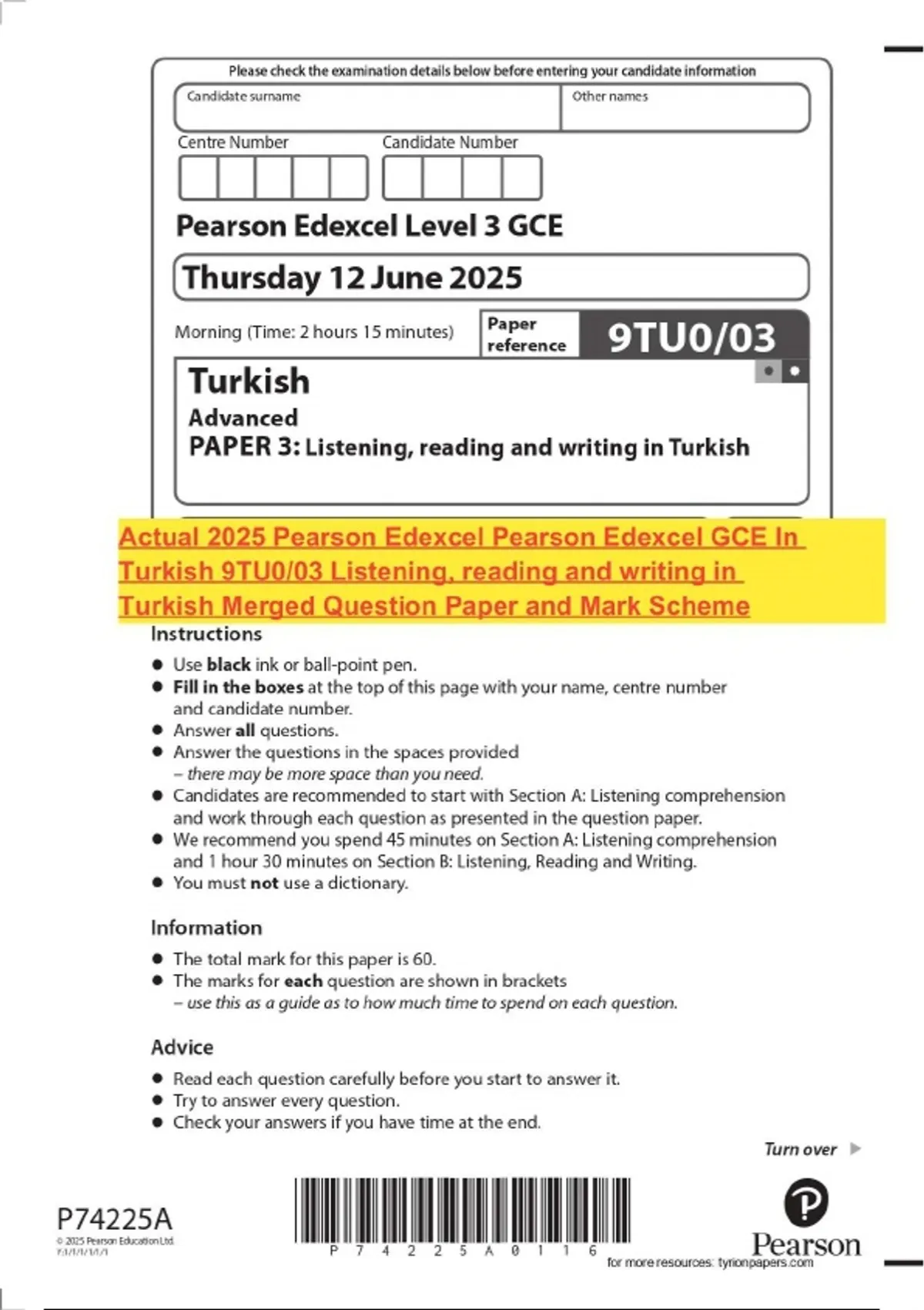 Actual 2025 Pearson Edexcel Pearson Edexcel GCE In Turkish 9TU0/03 ...