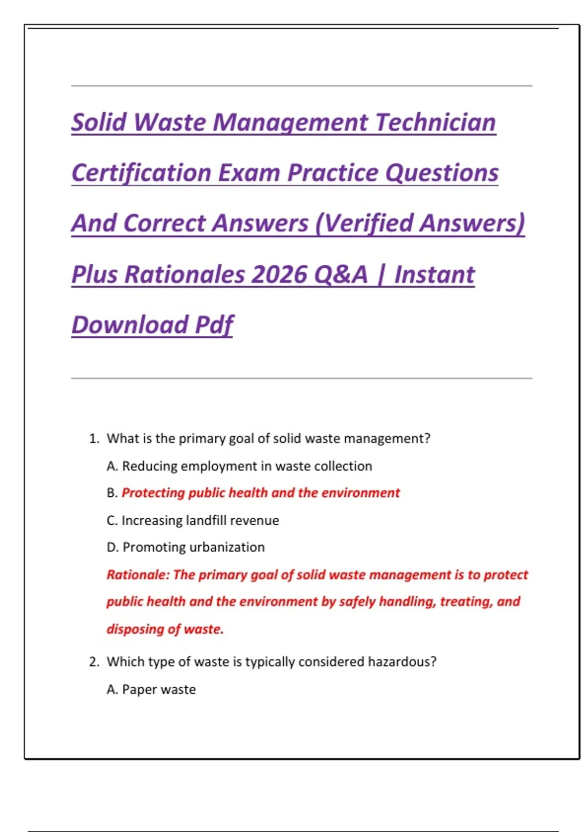 Solid Waste Management Technician Certification Exam Practice Questions ...