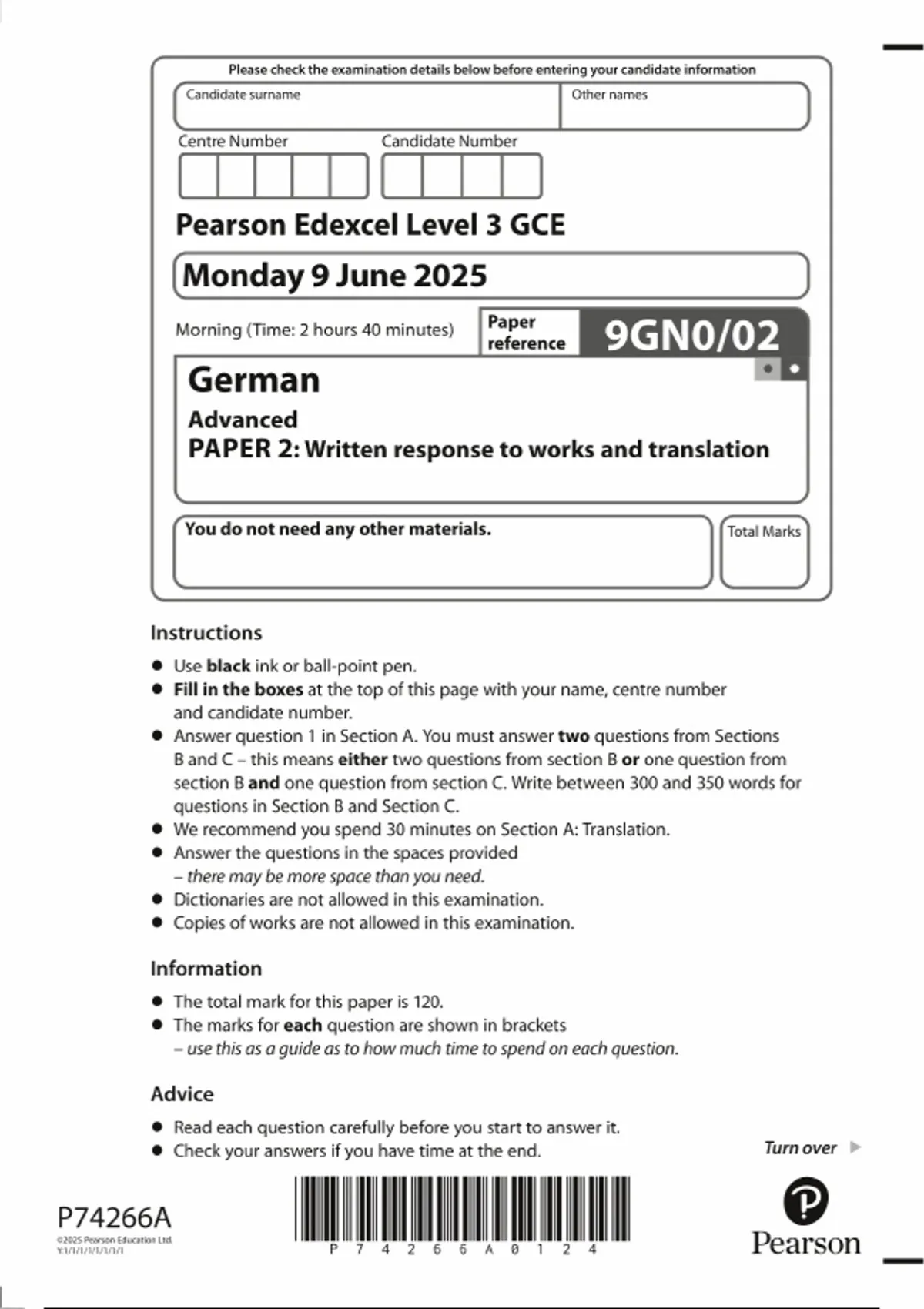 2025 PEARSON EDEXCEL A LEVEL GERMAN PAPER 2 QUESTION PAPER : Written ...