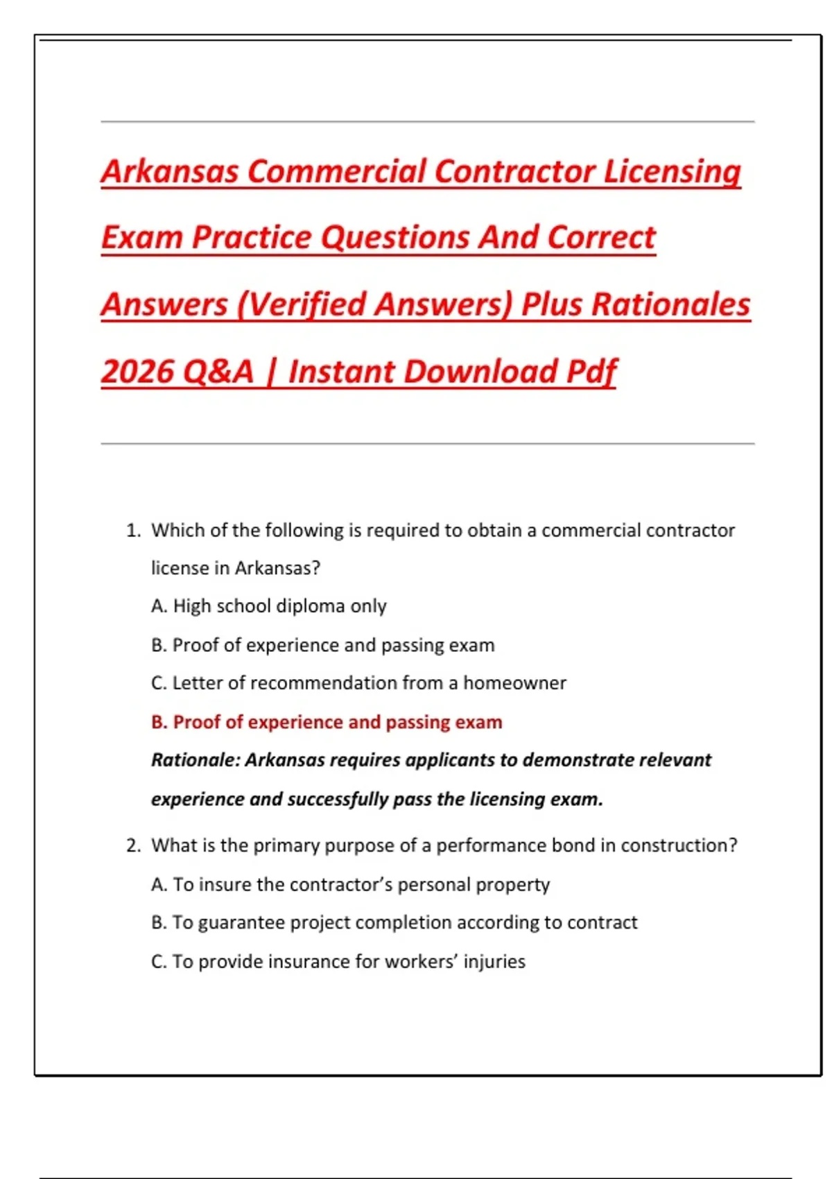 Arkansas Commercial Contractor Licensing Exam Practice Questions And ...