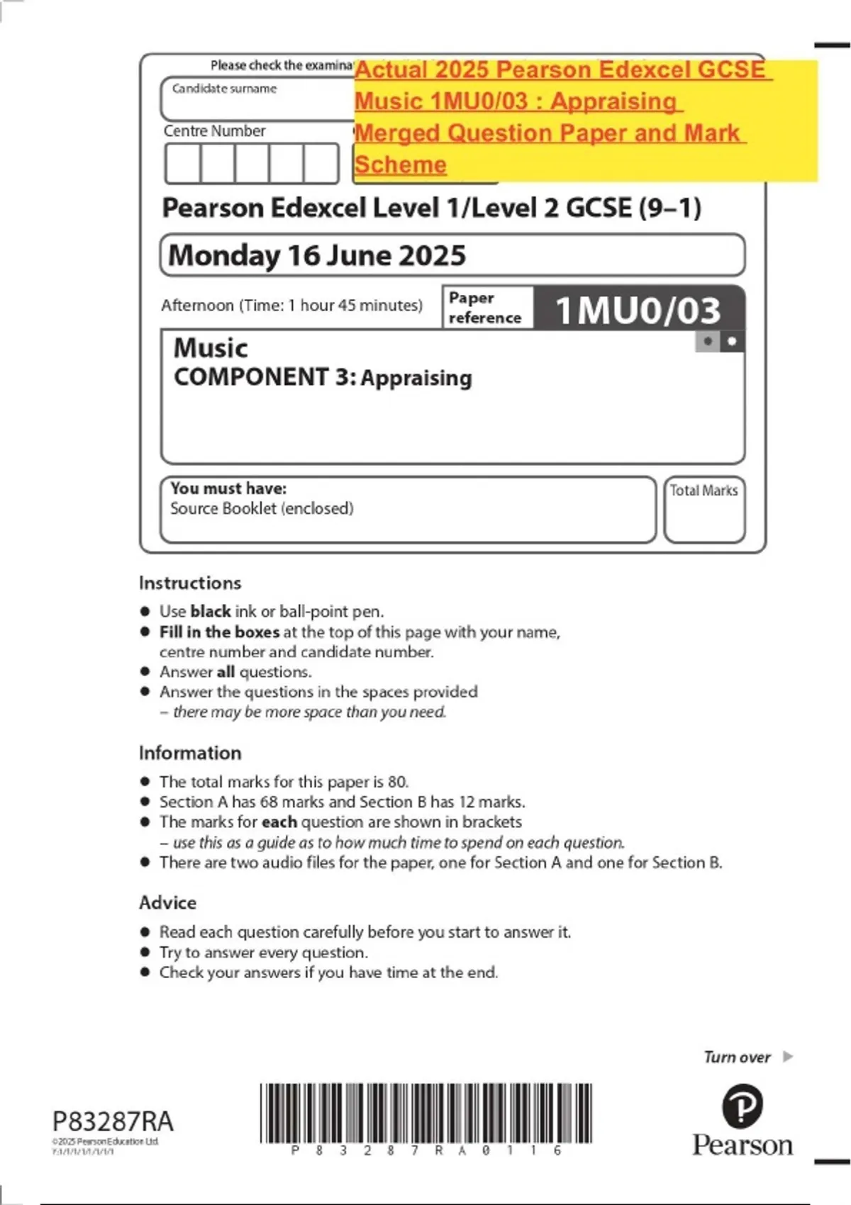 Actual 2025 Pearson Edexcel GCSE Music 1MU0/03 : Appraising Merged ...