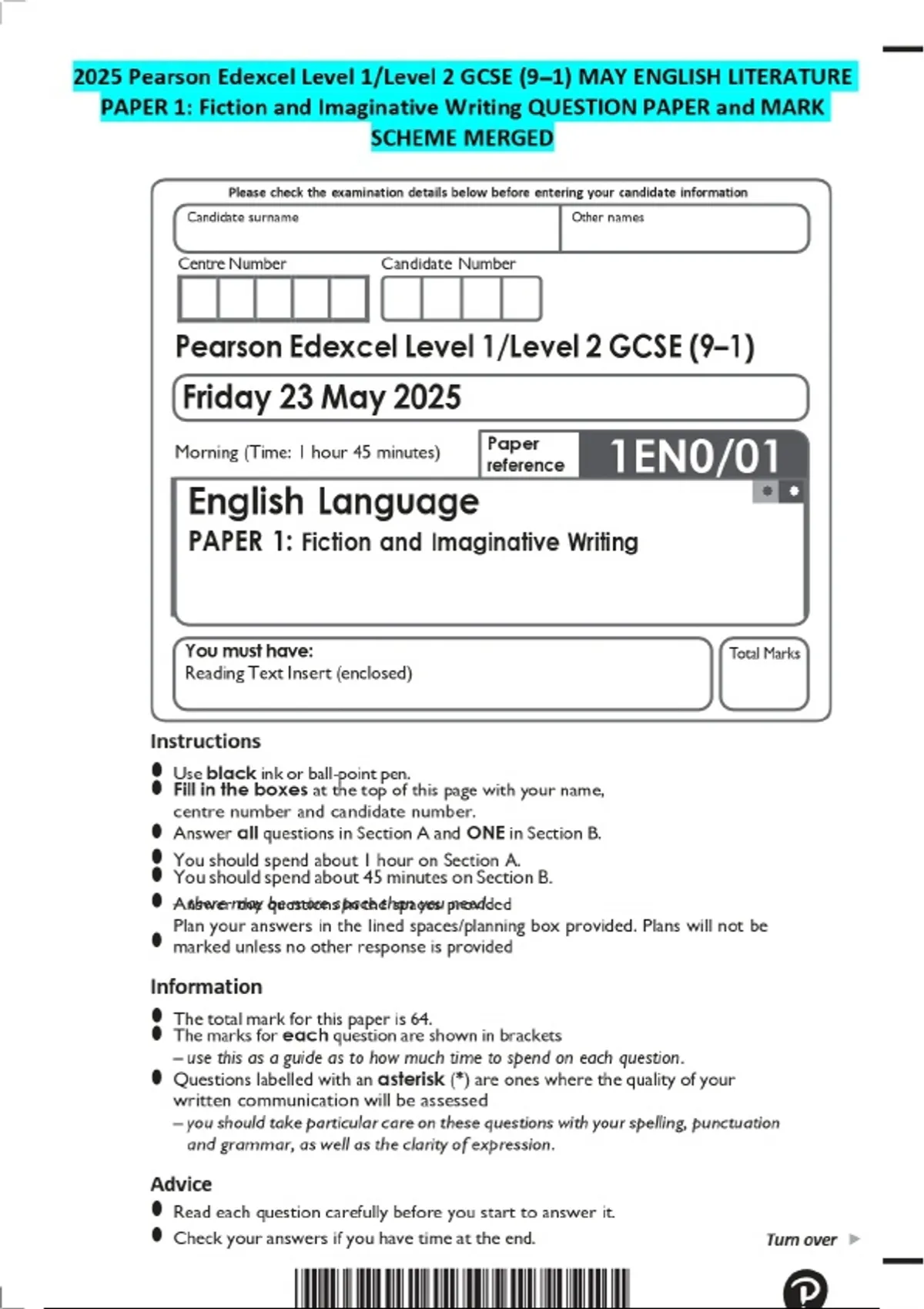 2025 Pearson Edexcel Level 1/Level 2 GCSE (9–1) MAY ENGLISH LITERATURE ...