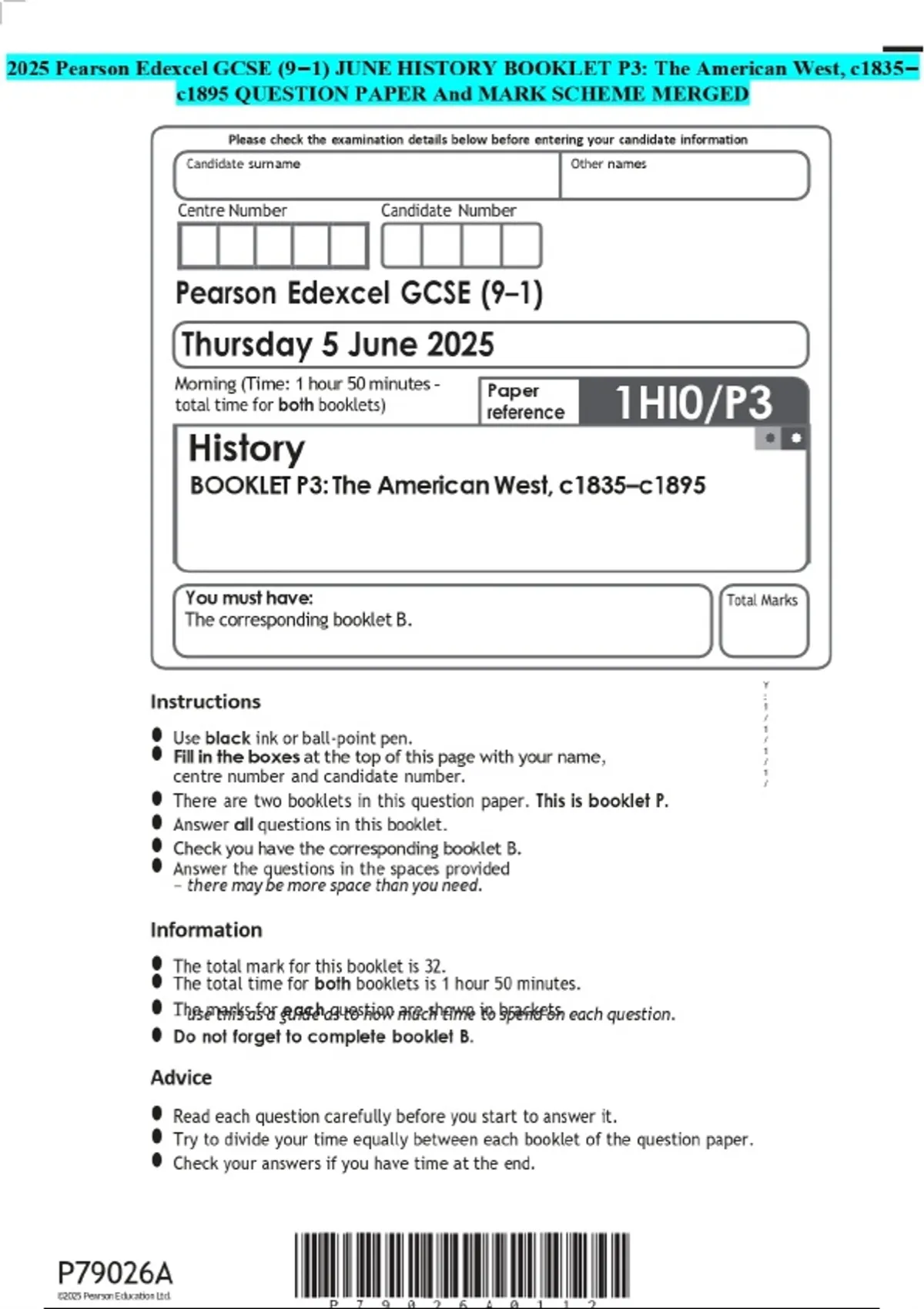 2025 Pearson Edexcel GCSE (9–1) JUNE HISTORY BOOKLET P3: The American ...