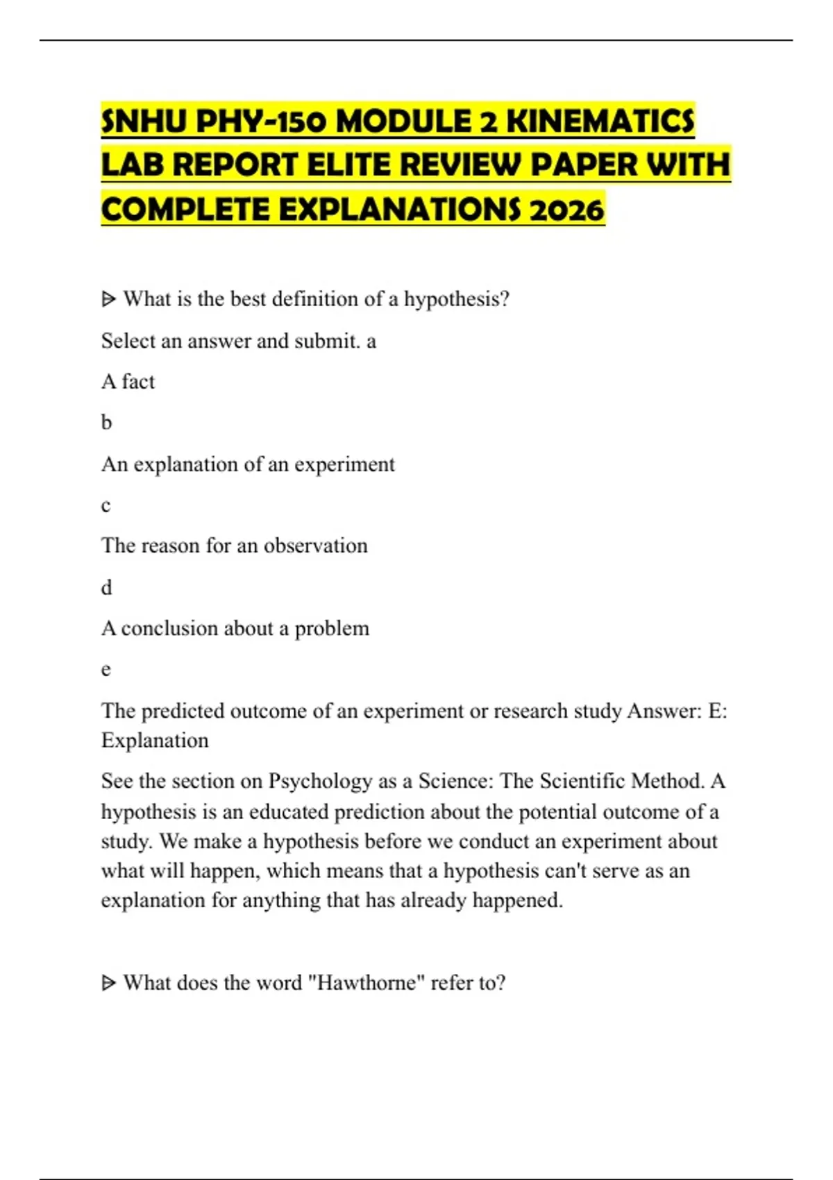 SNHU PHY-150 MODULE 2 KINEMATICS LAB REPORT ELITE REVIEW PAPER WITH ...