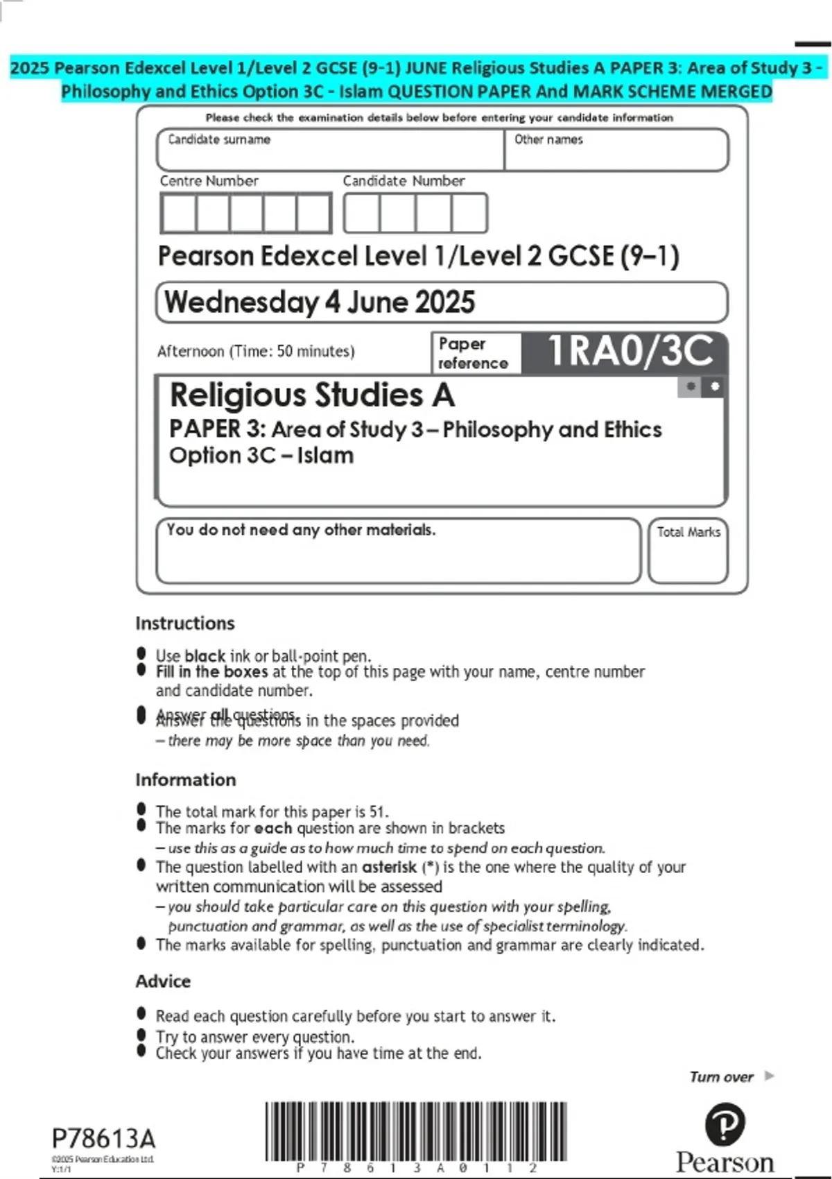 2025 Pearson Edexcel Level 1/Level 2 GCSE (9–1) JUNE Religious Studies ...