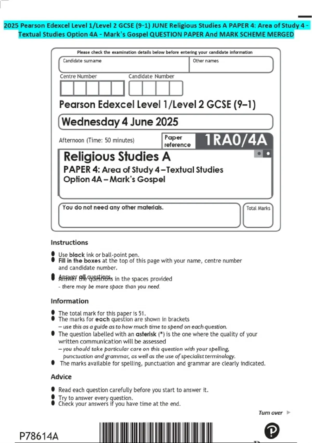 2025 Pearson Edexcel Level 1/Level 2 GCSE (9–1) JUNE Religious Studies ...