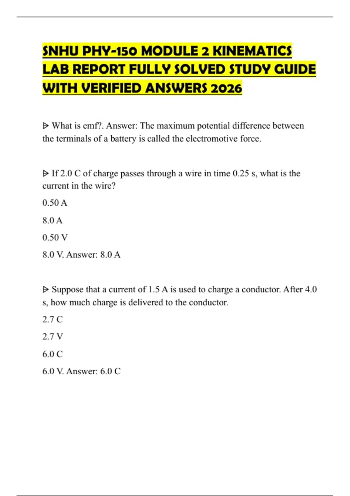 SNHU PHY-150 MODULE 2 KINEMATICS LAB REPORT FULLY SOLVED STUDY GUIDE ...