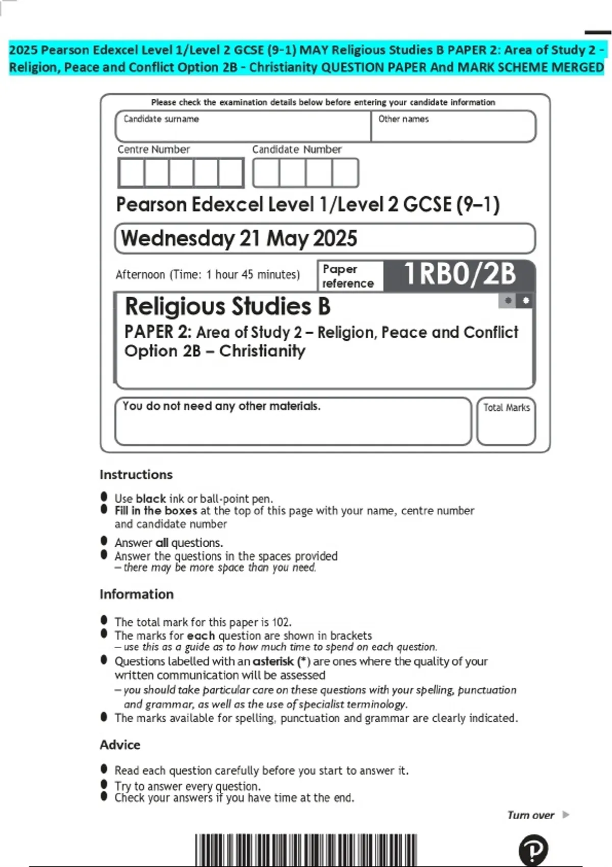 2025 Pearson Edexcel Level 1/Level 2 GCSE (9–1) MAY Religious Studies B ...