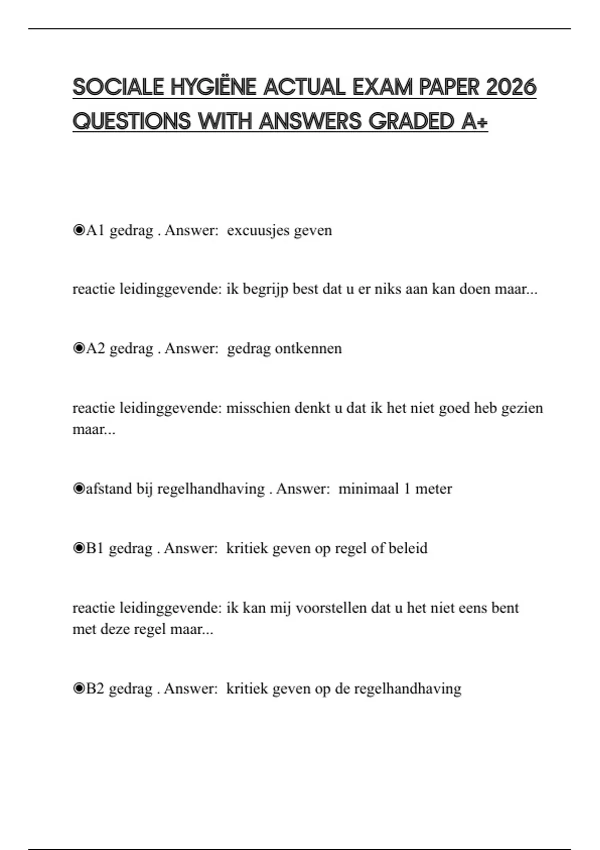 SOCIALE HYGIËNE ACTUAL EXAM PAPER 2026 QUESTIONS WITH ANSWERS GRADED A+ ...