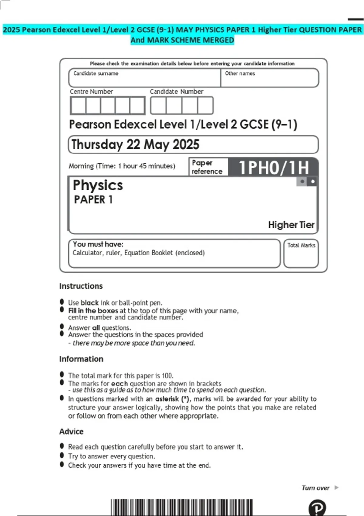 2025 Pearson Edexcel Level 1/Level 2 GCSE (9–1) MAY PHYSICS PAPER 1 ...