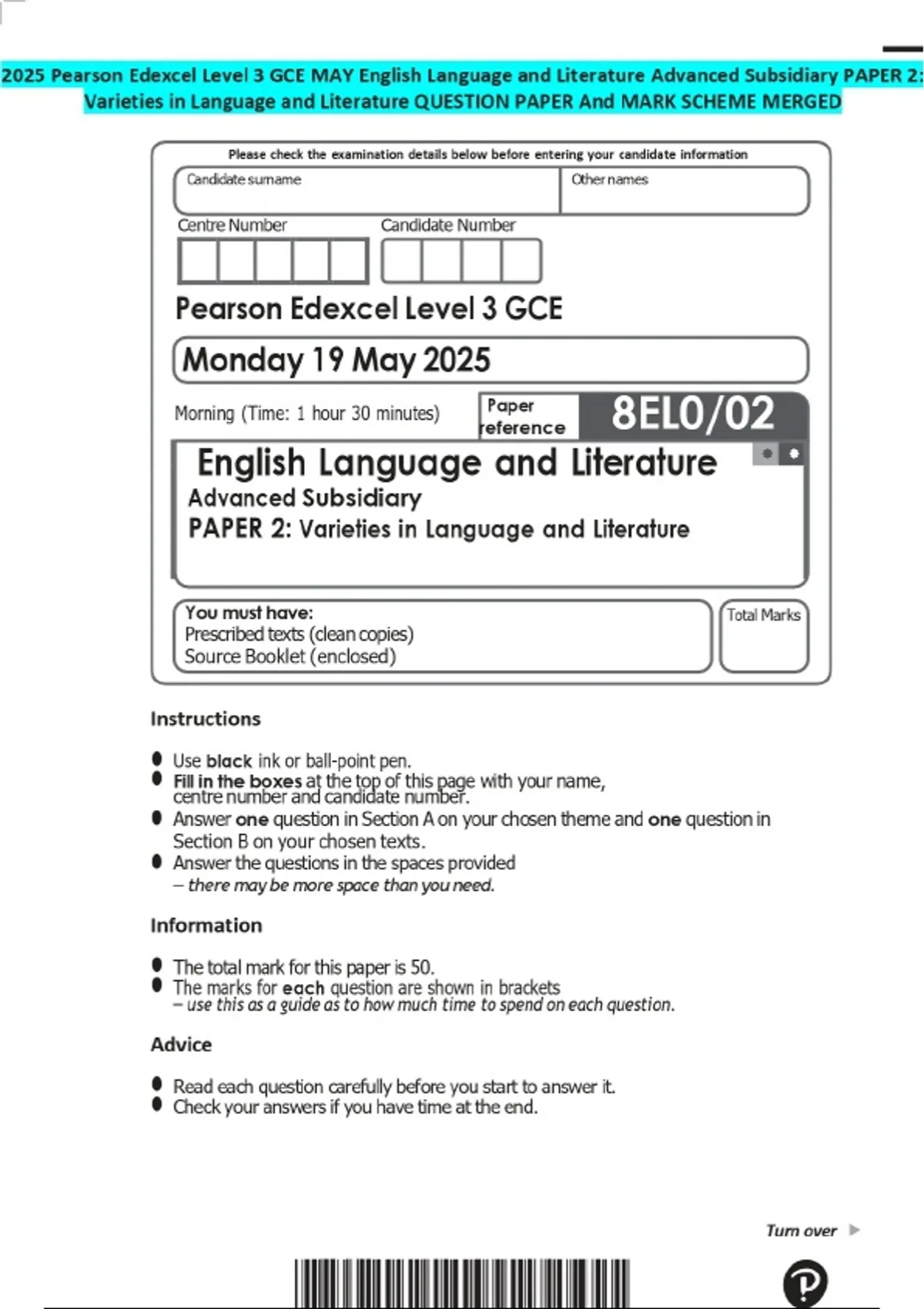 2025 Pearson Edexcel Level 3 GCE MAY English Language and Literature ...