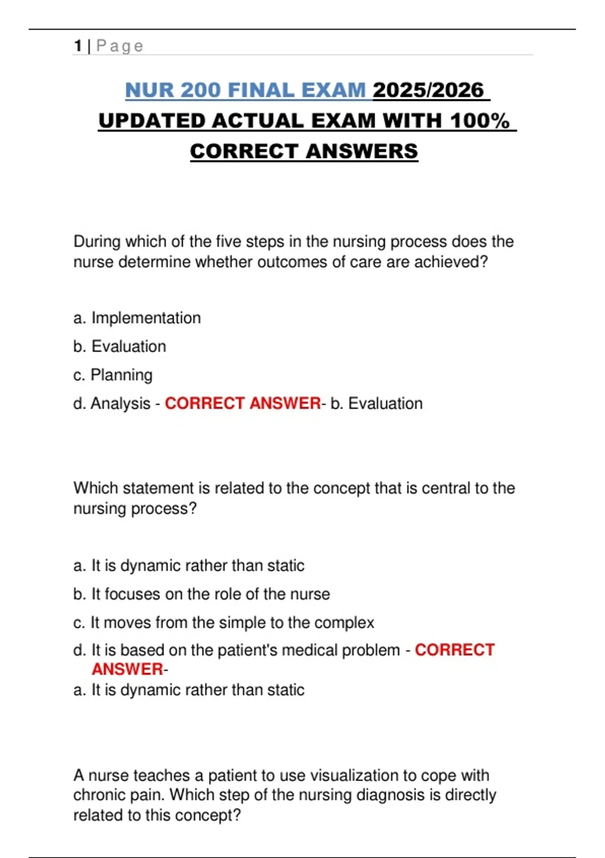 NUR 200 FINAL EXAM 2025/2026 UPDATED ACTUAL EXAM WITH 100% CORRECT ...