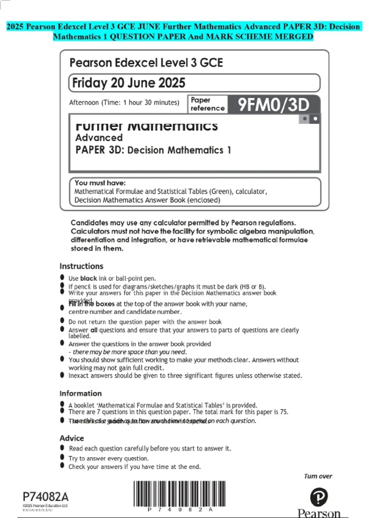 2025 Pearson Edexcel Level 3 GCE JUNE Further Mathematics Advanced ...