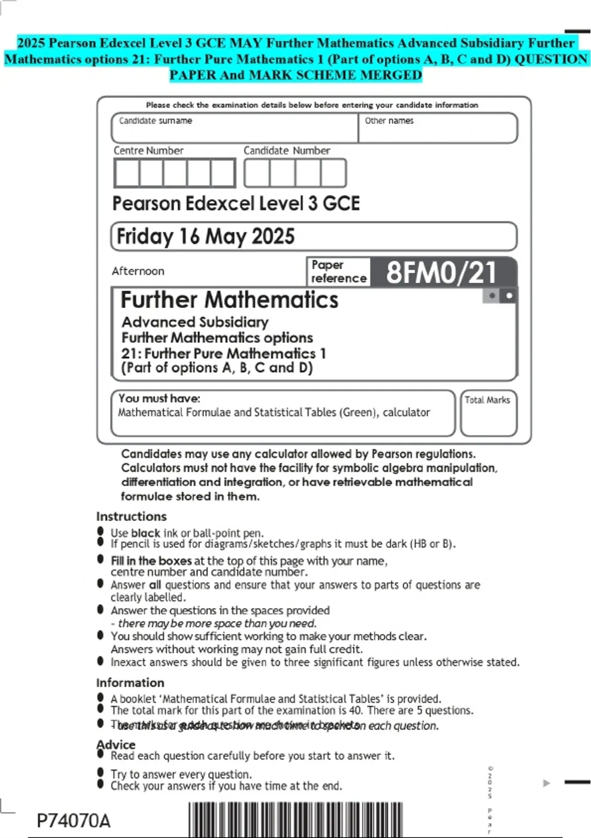 2025 Pearson Edexcel Level 3 GCE MAY Further Mathematics Advanced ...