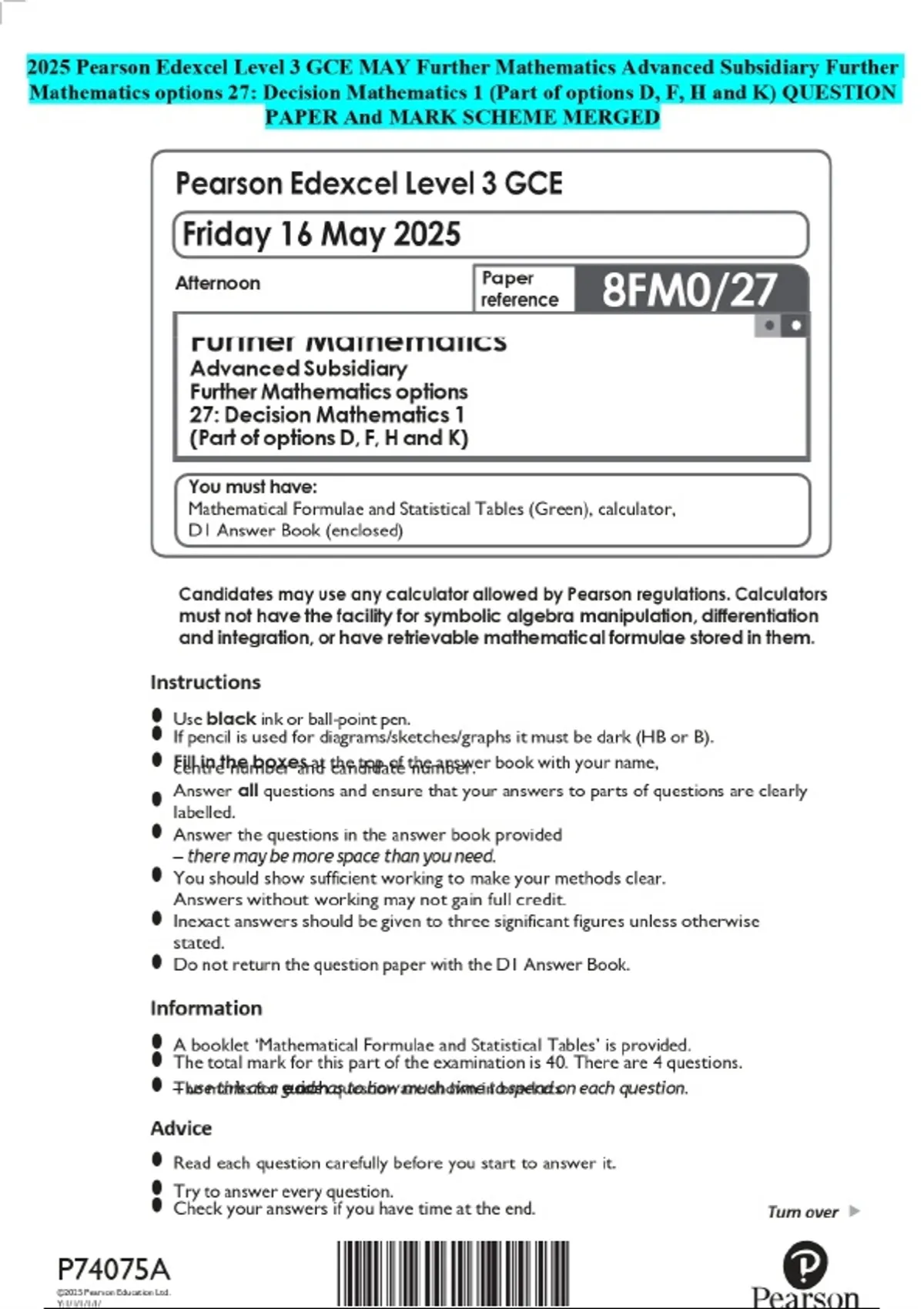 2025 Pearson Edexcel Level 3 GCE MAY Further Mathematics Advanced ...