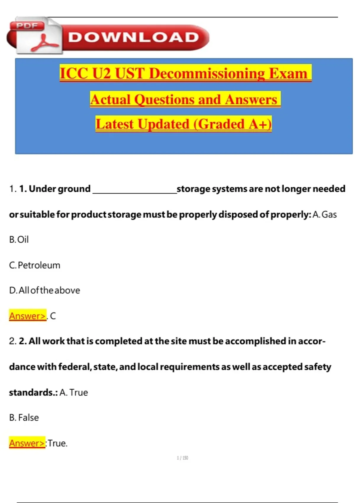 ICC U2 UST Decommissioning Exam | Actual Questions and Answers | Latest ...