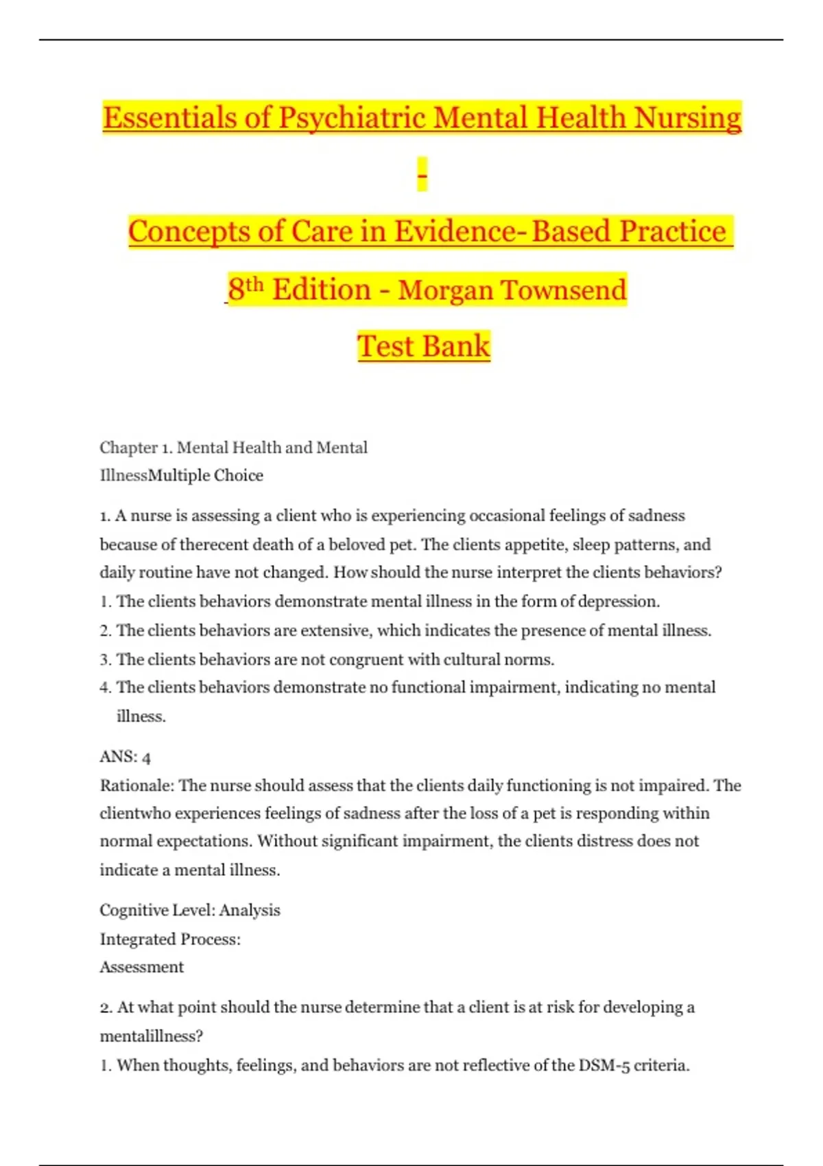 Test Bank for Essentials of Psychiatric Mental Health Nursing 8th ...