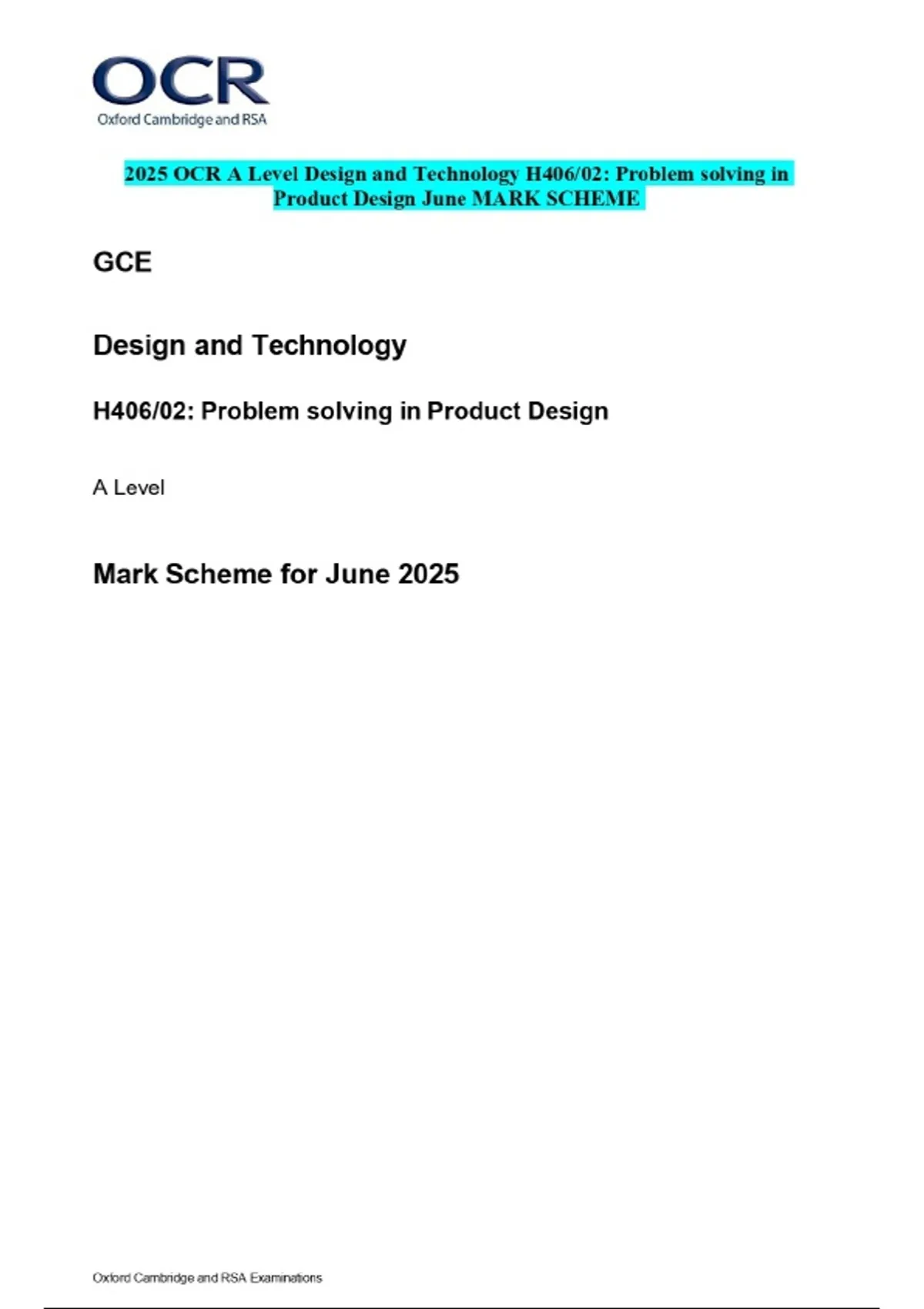 2025 OCR A Level Design and Technology H406/02: Problem solving in Product Design June MARK ...