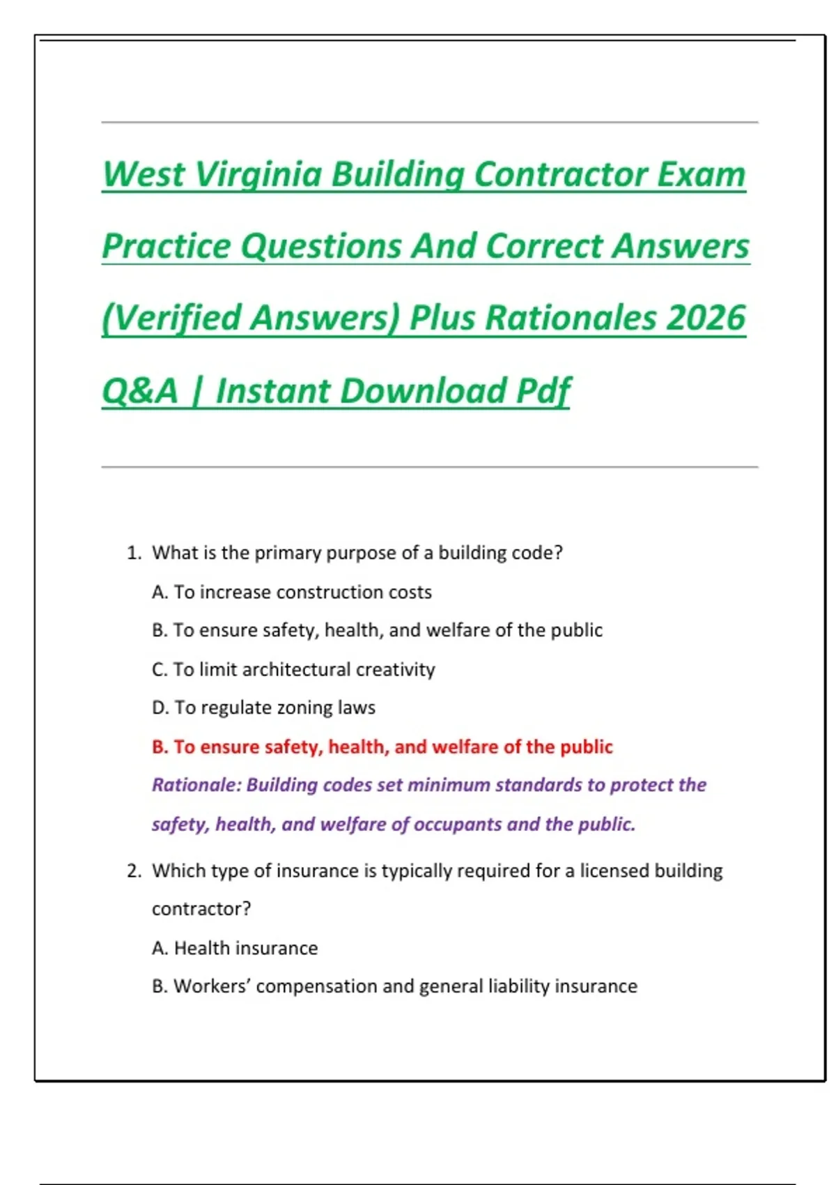 West Virginia Building Contractor Exam Practice Questions And Correct ...