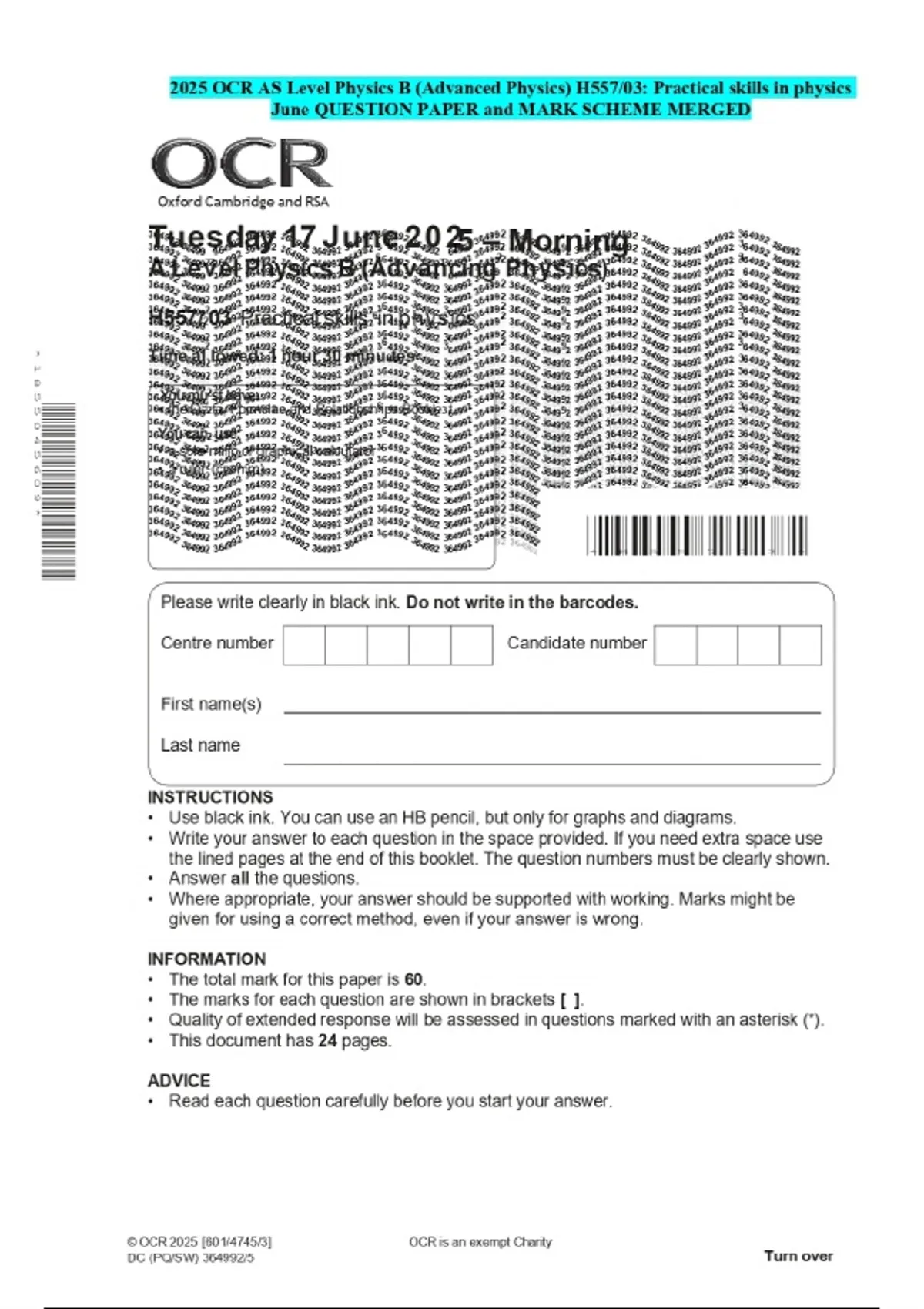 2025 OCR AS Level Physics B (Advanced Physics) H557/03: Practical skills in physics June ...